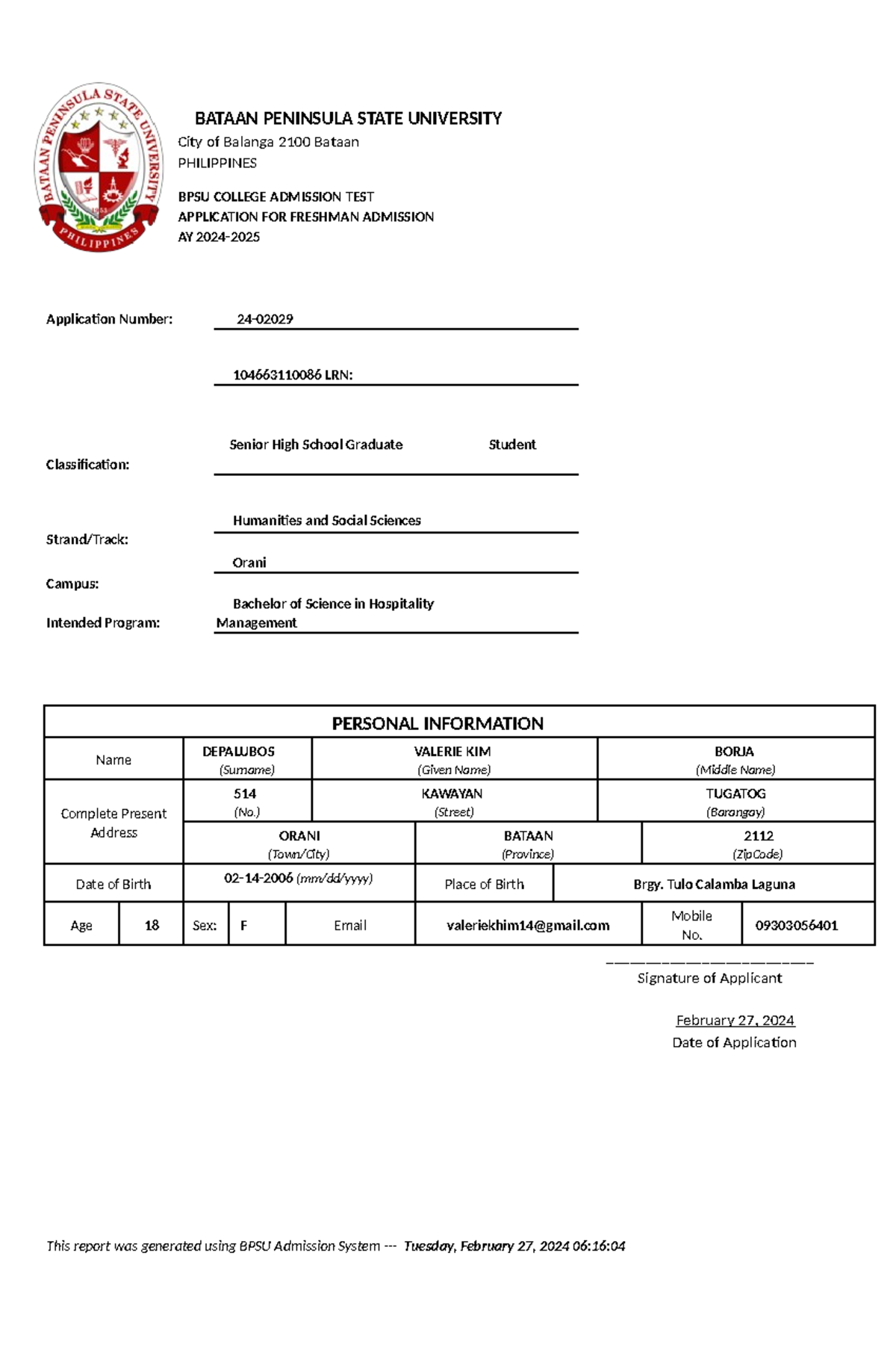 Depalubos Valerie Kim B OLApp Form - BATAAN PENINSULA STATE UNIVERSITY ...
