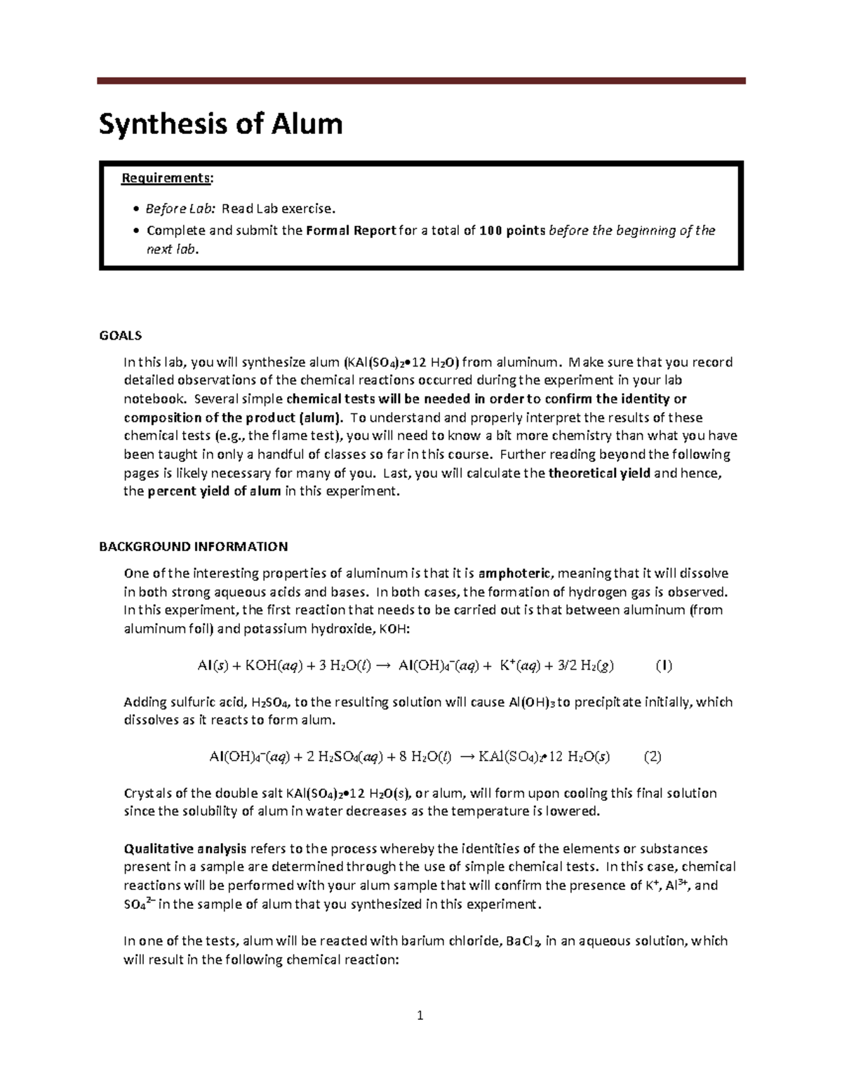 Synthesis of Alum-formal - Synthesis of Alum Requirements: Before Lab ...