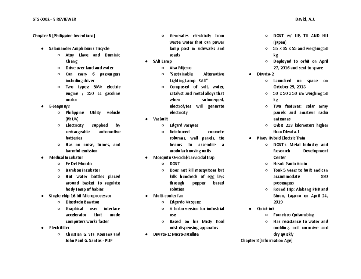 STS - Reviewer - sts - STS 0002 - 5 REVIEWER David, A. Chapter 5 ...