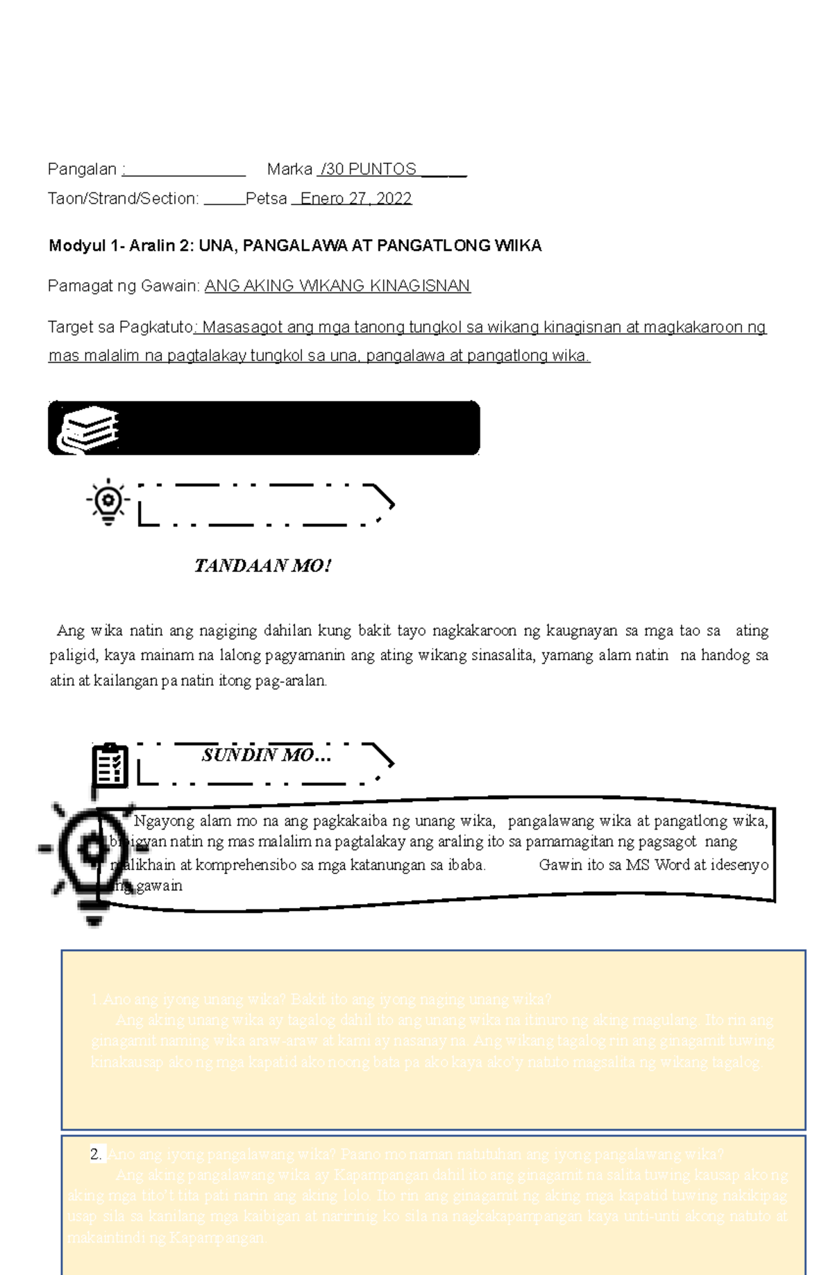 Aralin 2- ANG Aking Wikang Kinagisnan - Pangalan : Marka /30 PUNTOS _____ Taon/Strand/Section ...