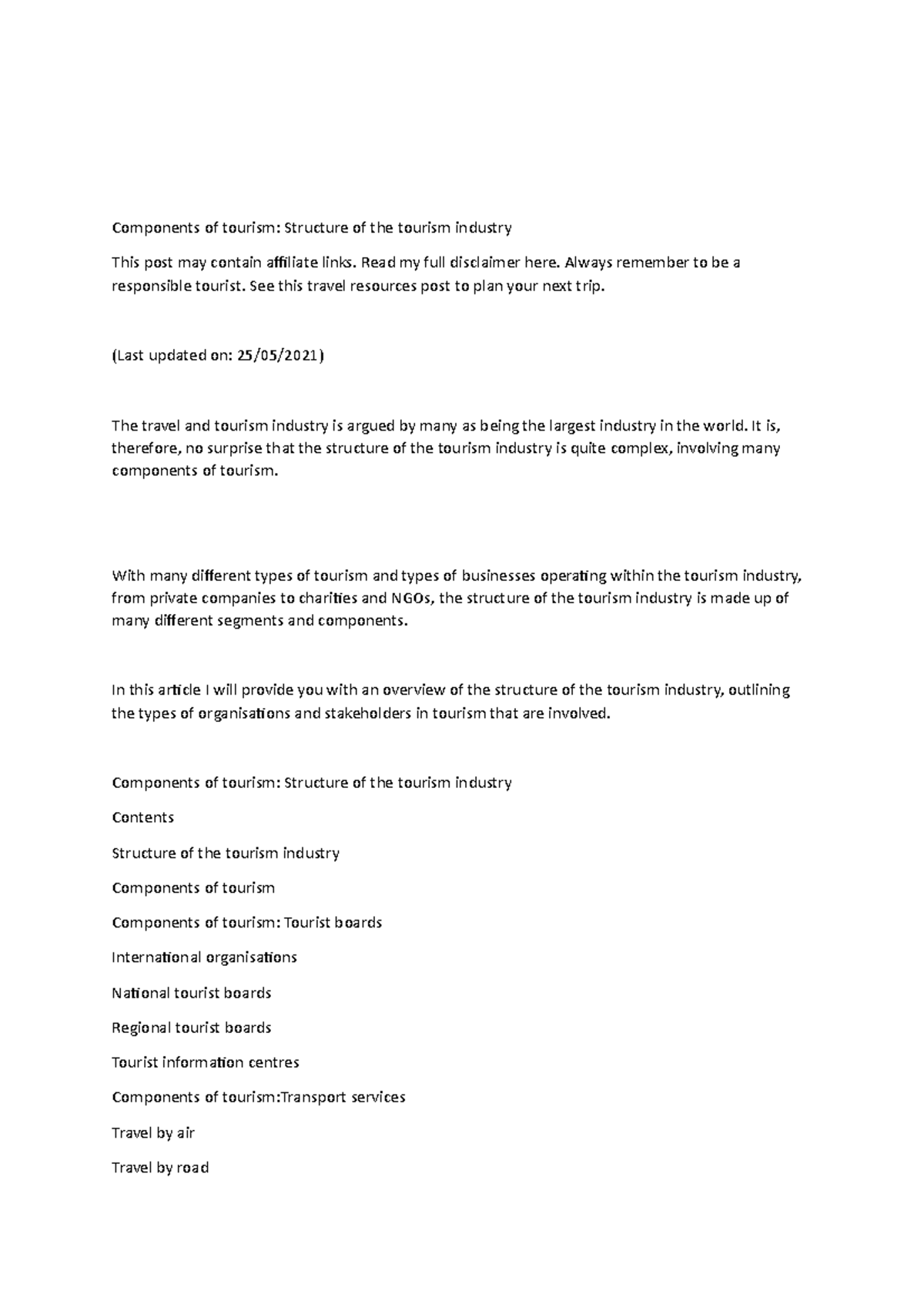 Components of tourism - Lecture notes 1-6 - Components of tourism ...