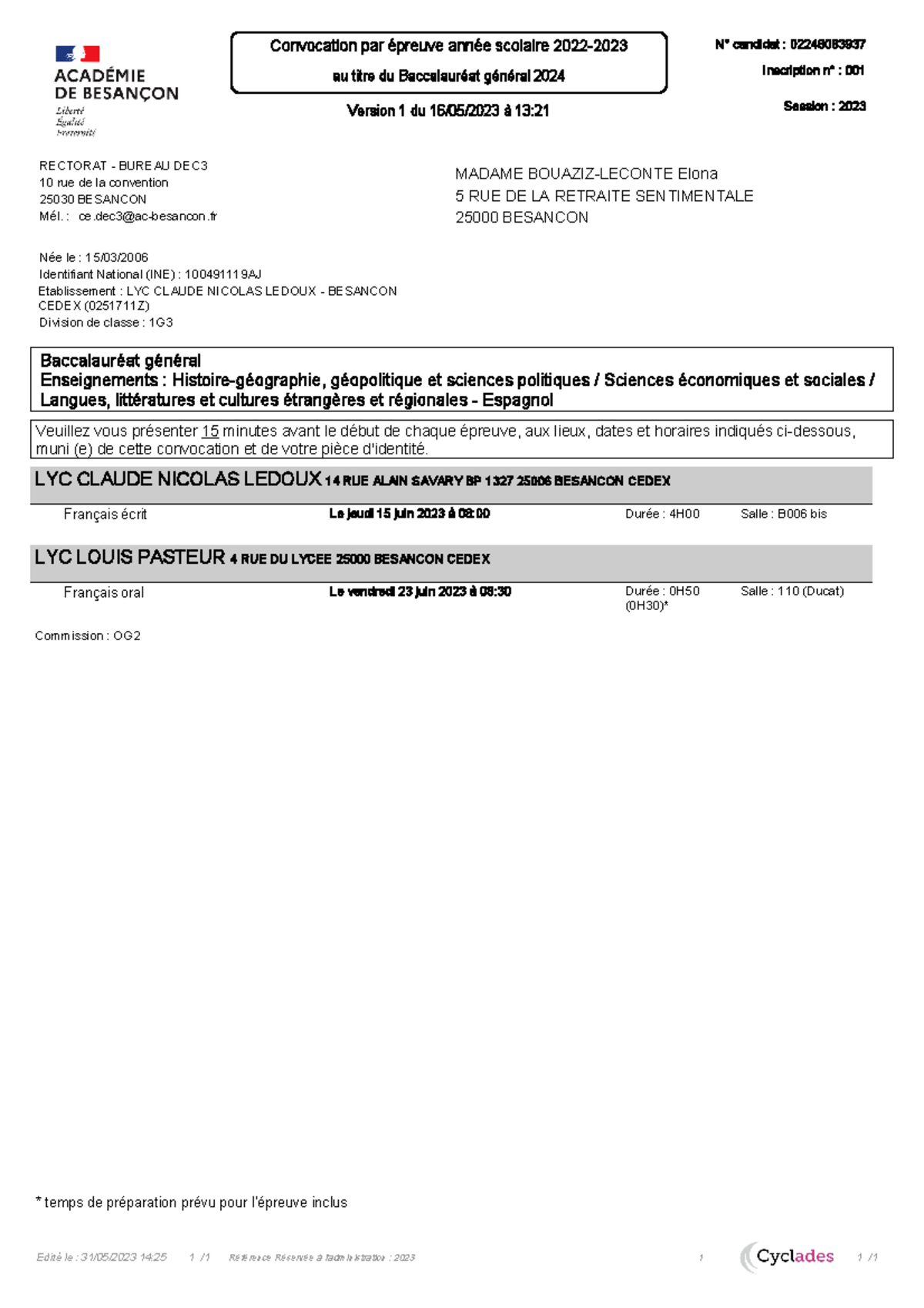 224808393700001 Convocation par epreuve V1 20230516 - Edité le : 31/05/2023 14:25 1 /1 Référence ...