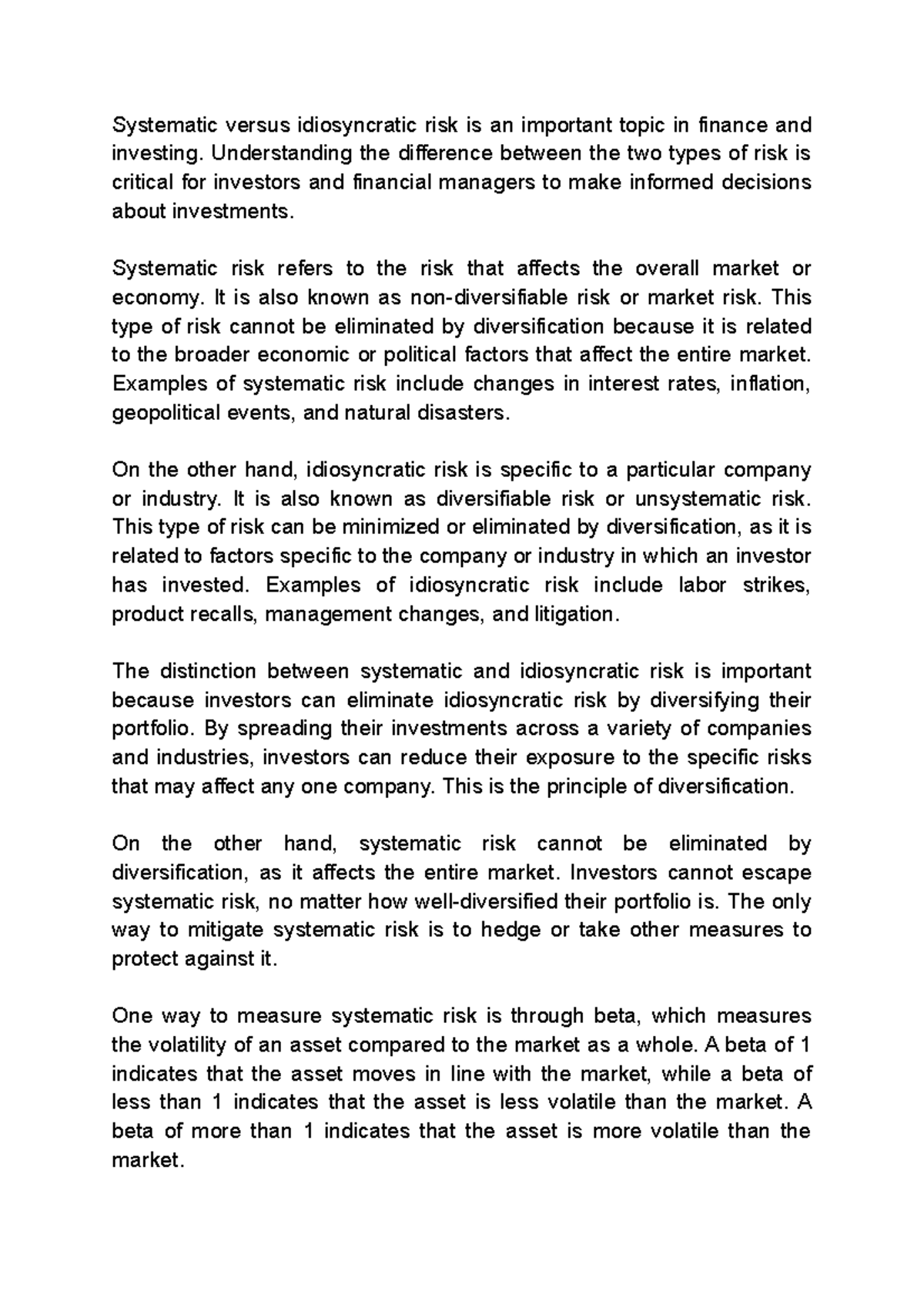 Lecture Notes Systematic versus idiosyncratic risk corporate finance ...