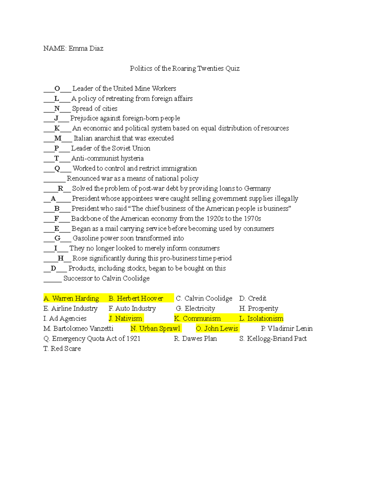 Copy of Emma Diaz - Politics of the Roaring Twenties Quiz - NAME: Emma ...