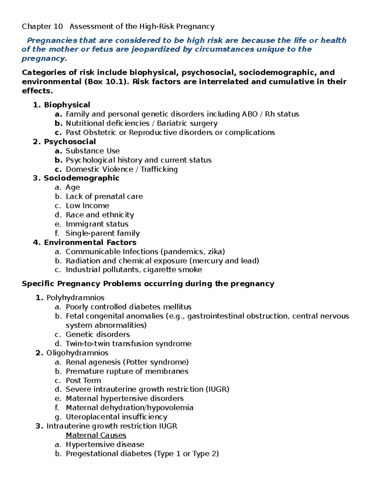 Wk 2 Outline ch 10 - Preconception High Risk Populations - Chapter 10 ...