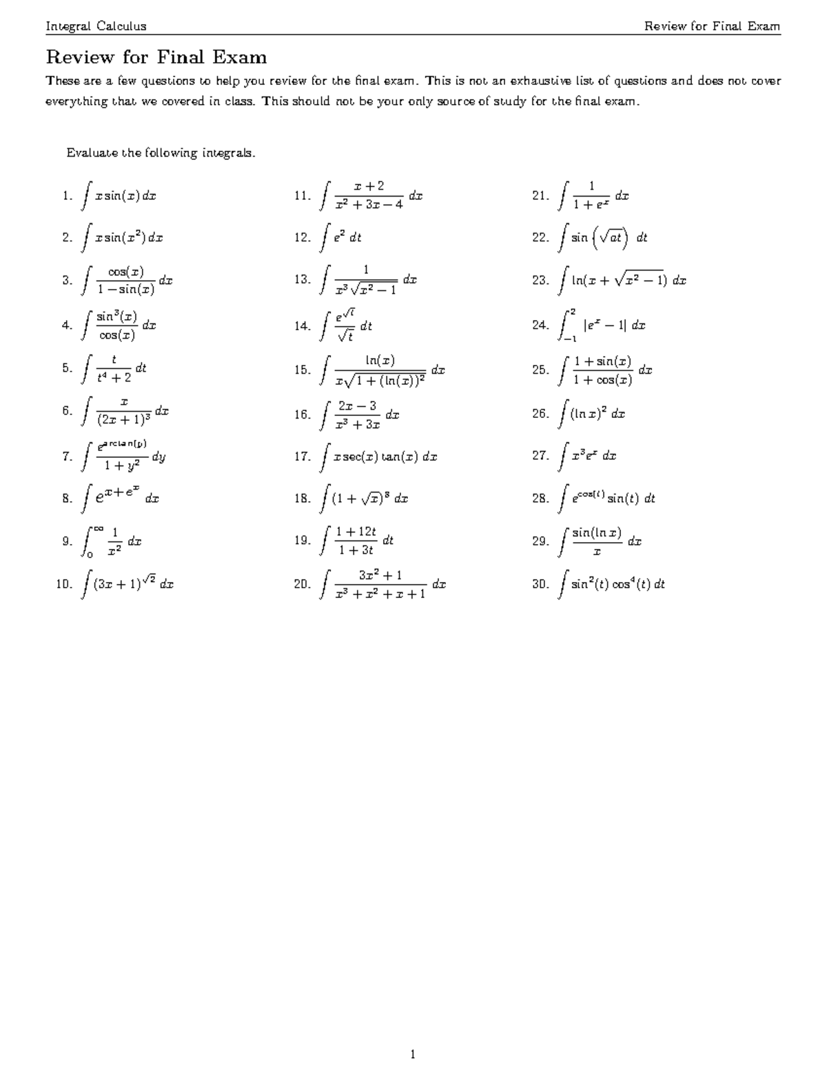 30 Integrals for Final Exam Review - Integral Calculus Review for Final Exam Review for Final ...