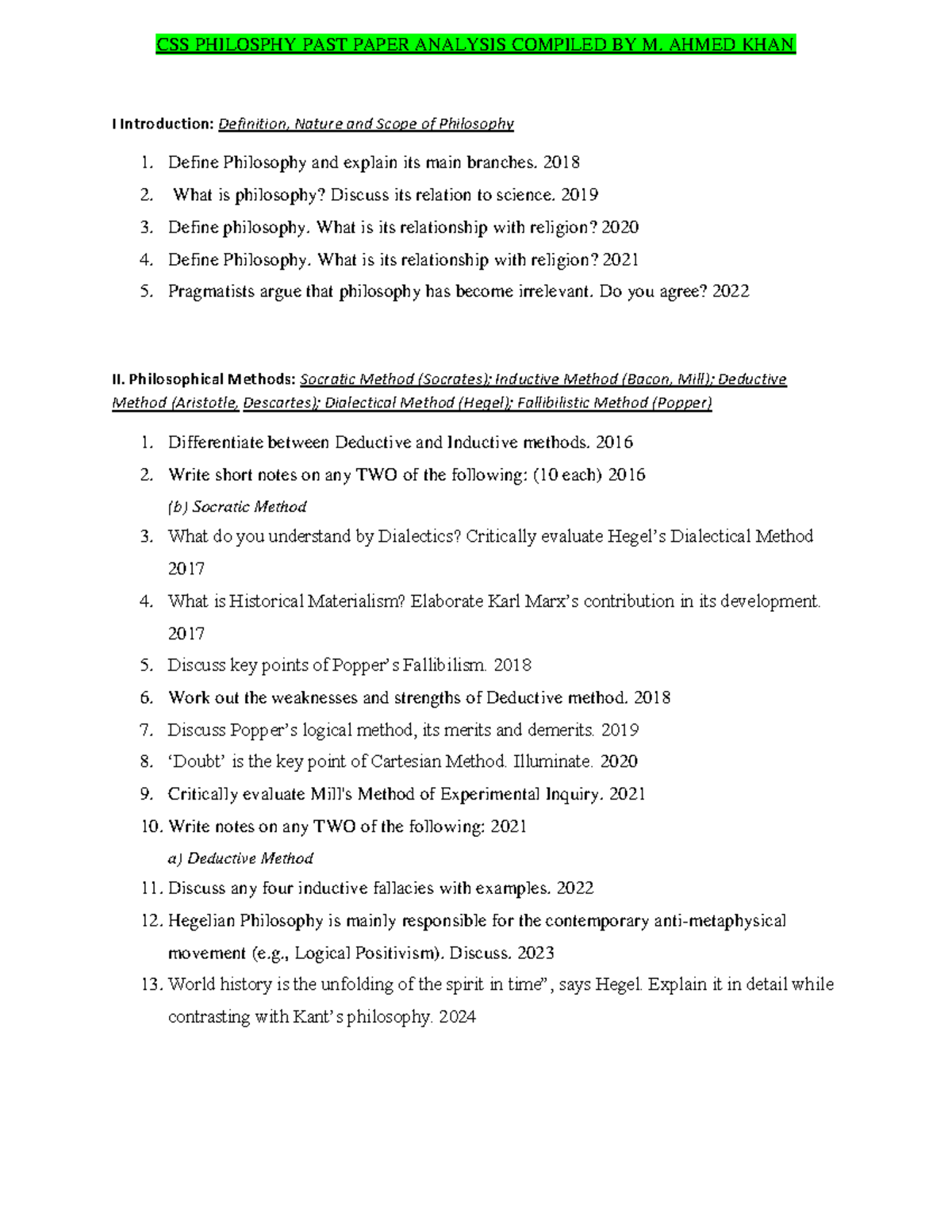 Philosophy past paper analysis - CSS PHILOSPHY PAST PAPER ANALYSIS ...