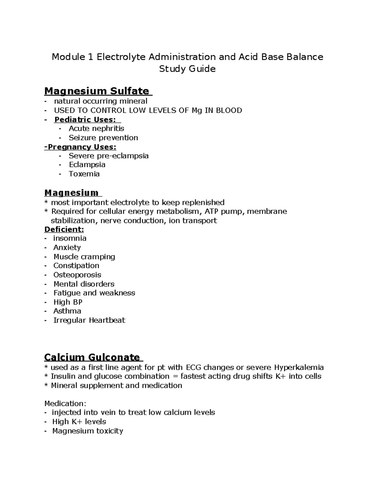 Module 1 Study Guide for Pharmacology 2.0 - Module 1 Electrolyte ...