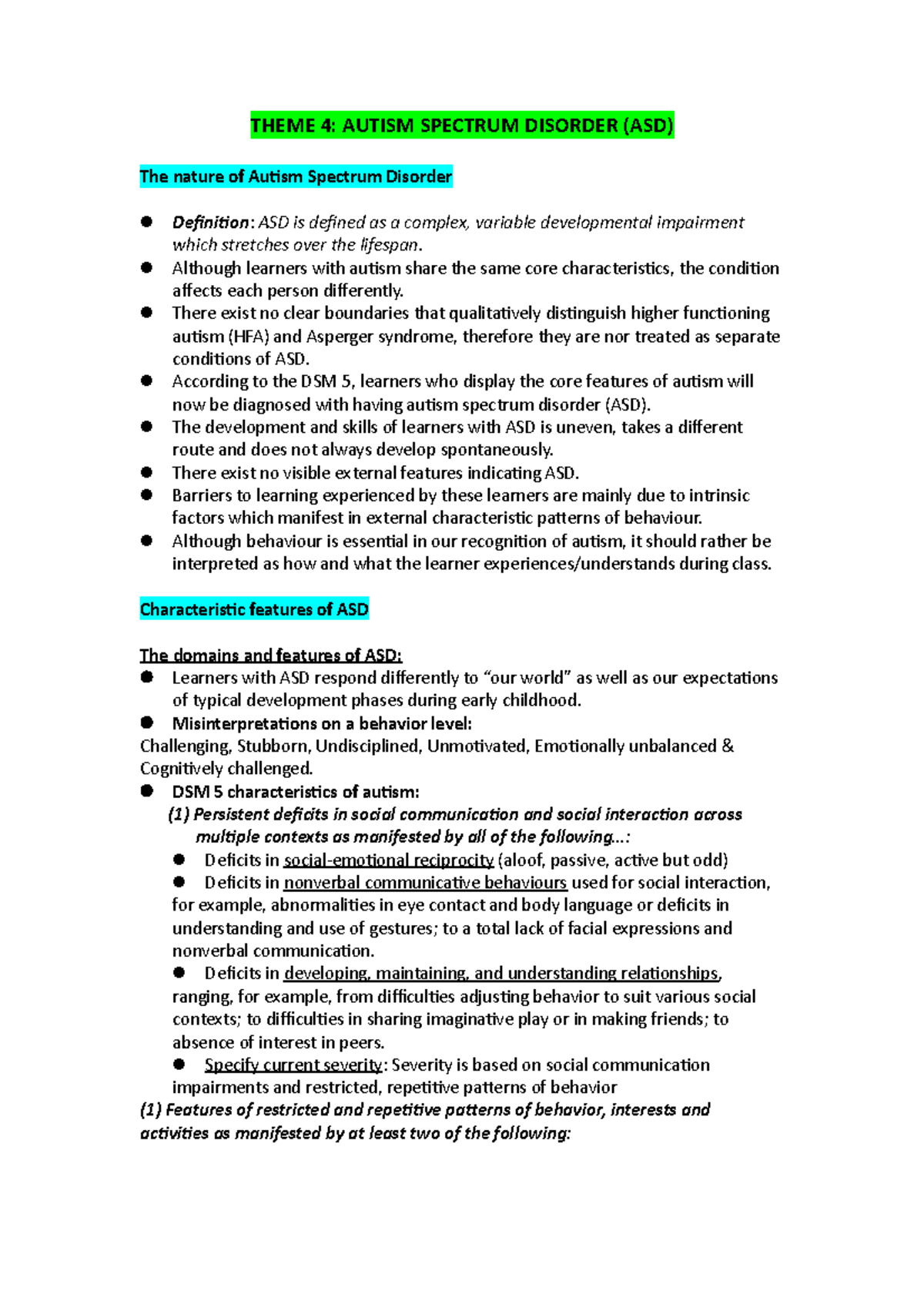 JVB 220 Theme 4 notes - THEME 4: AUTISM SPECTRUM DISORDER (ASD) The ...