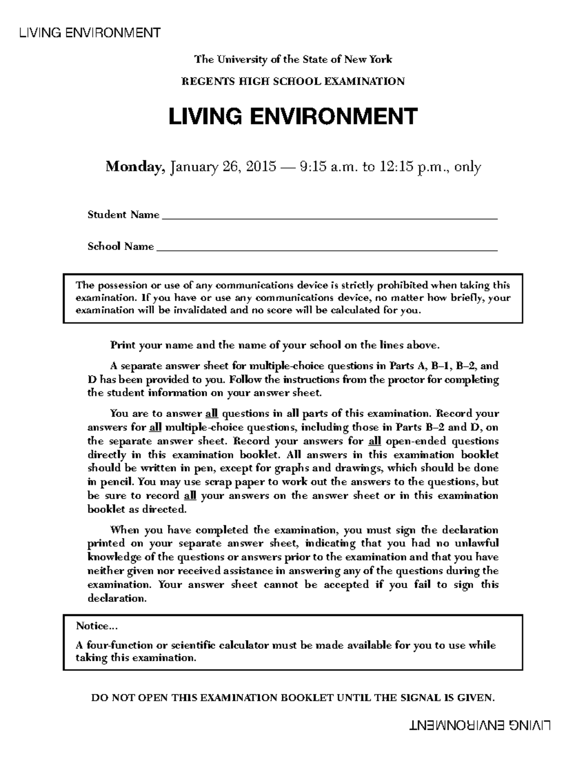 Lenv12015-exam - LIVING ENVIRONMENT LIVING ENVIRONMENT The University ...