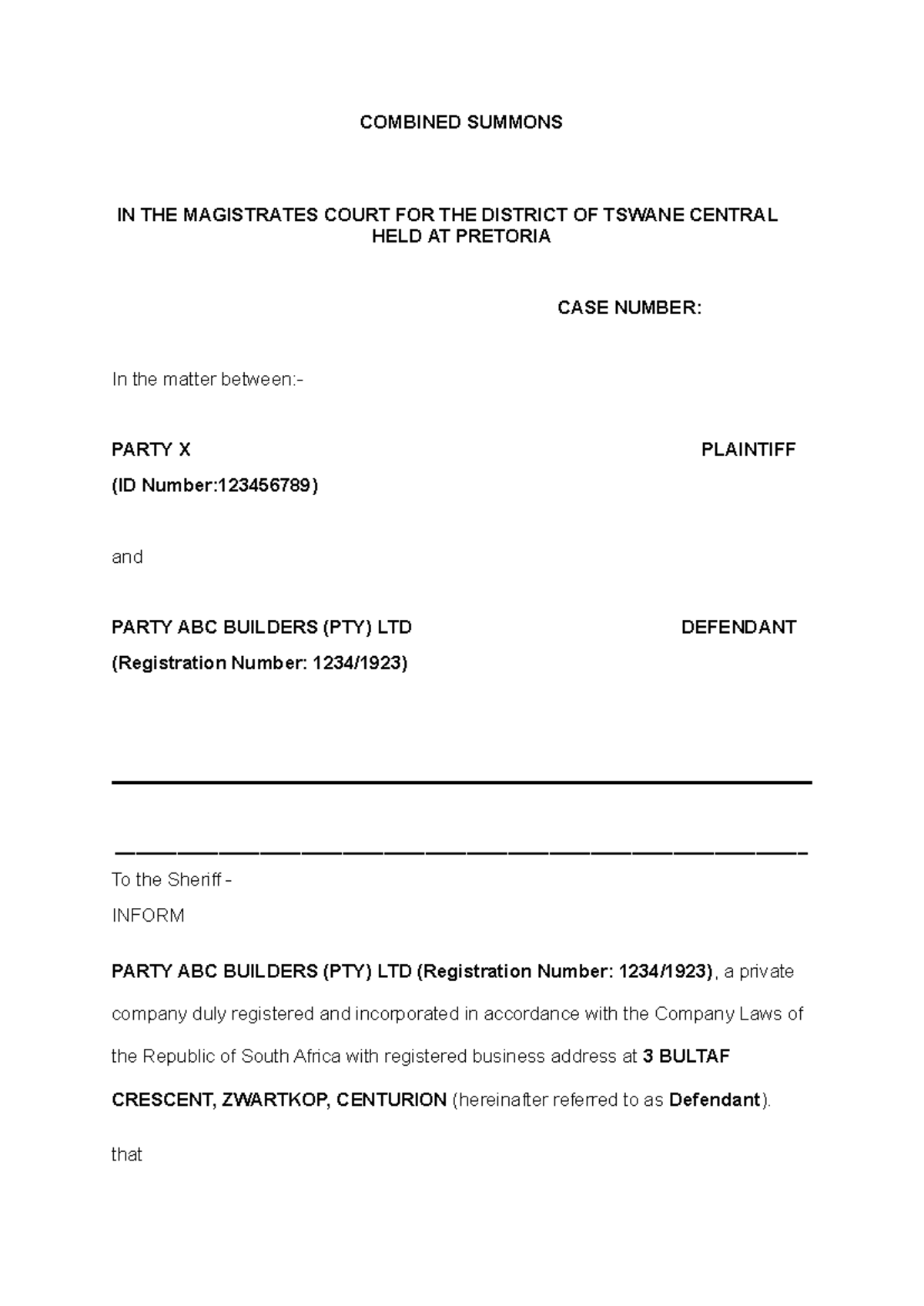 Particulars of Claim Party xx - COMBINED SUMMONS IN THE MAGISTRATES ...
