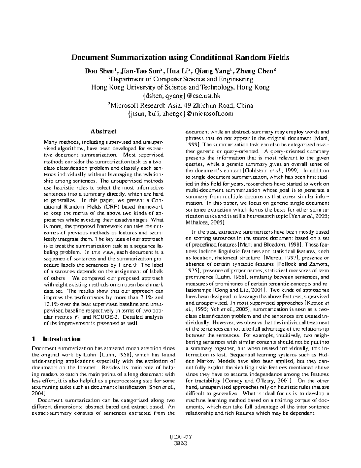 Ijcai 07-461 - Sample - Document Summarization using Conditional Random ...