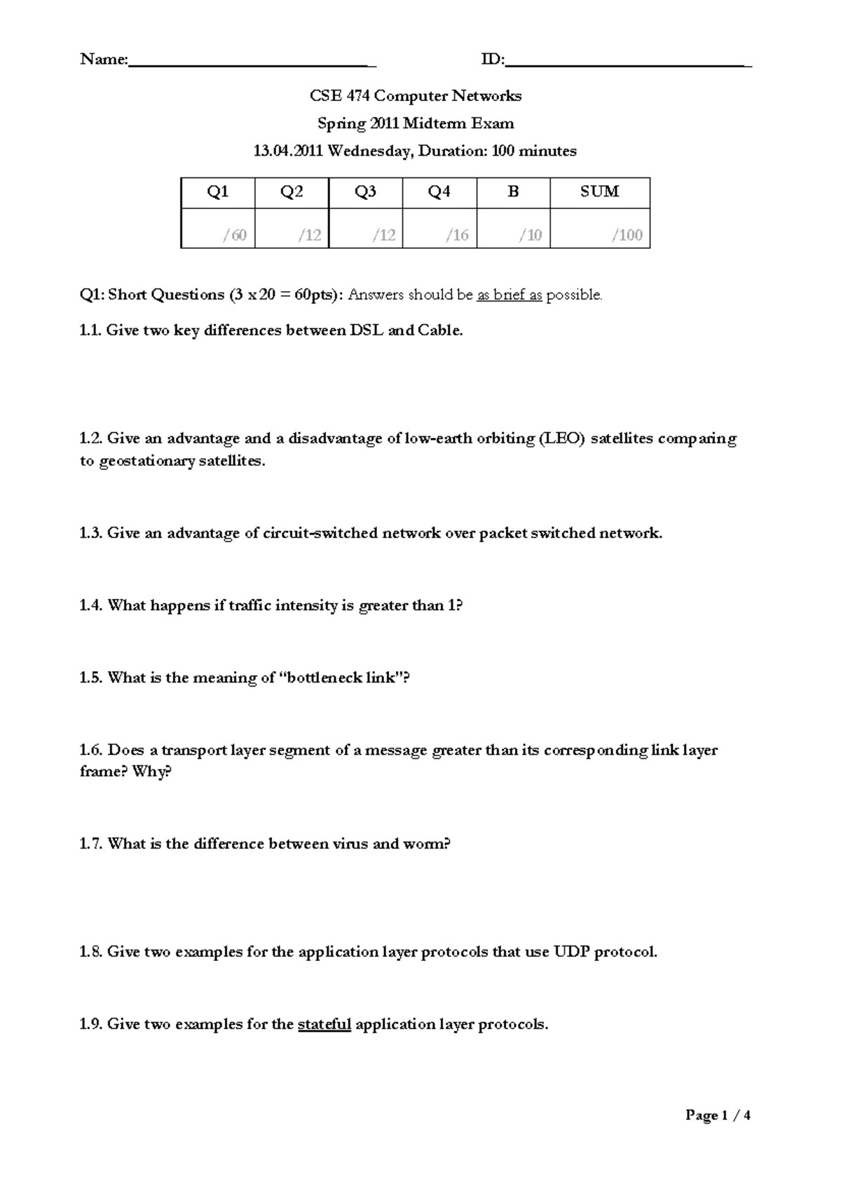 Midterm Exam 2011 Exam Example Cse 4 74 Computer Networks Spring 2011 Midterm Exam 13 04