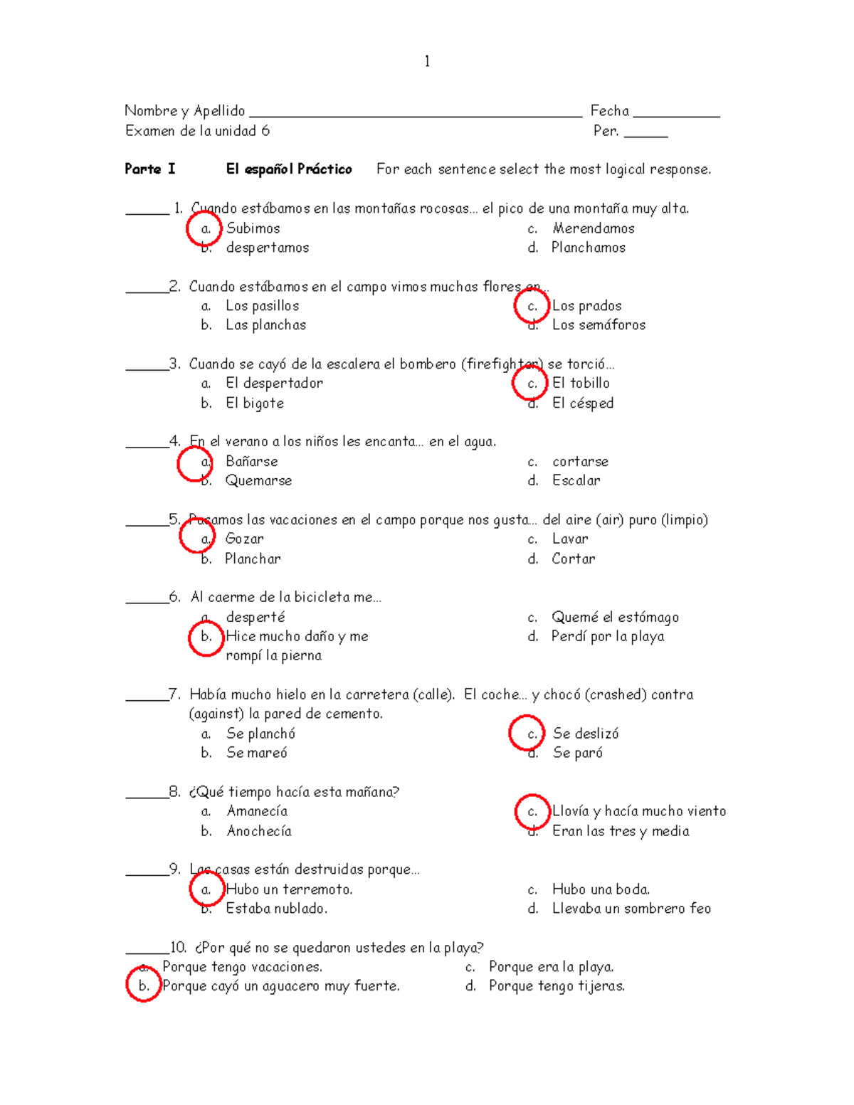 UNIT 6 TEST Review- DE Vacaciones - 1 Nombre y Apellido