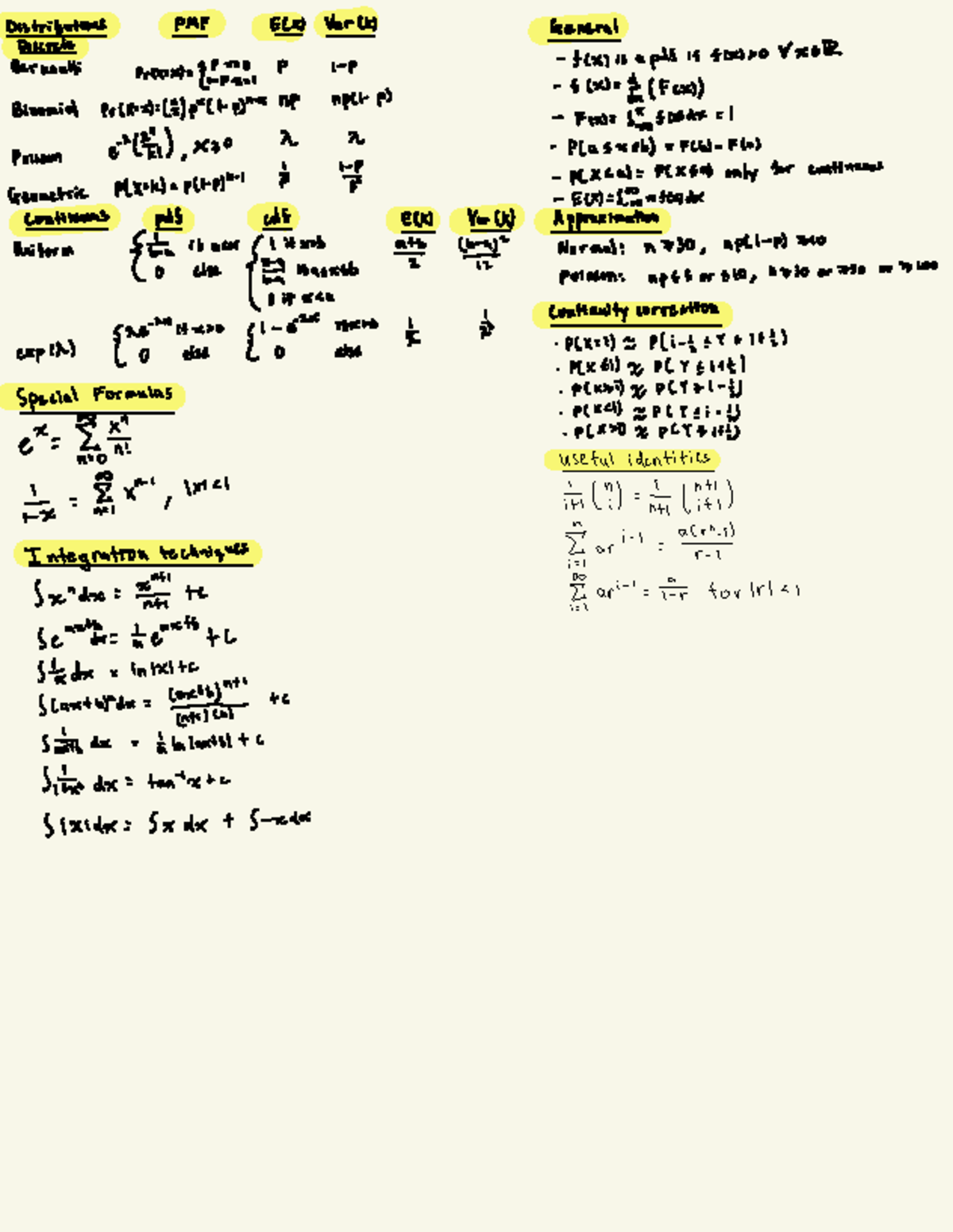 Cheat Sheet mh2500 Test 2 - ####### Distributions PMF E(X) Var(X ...