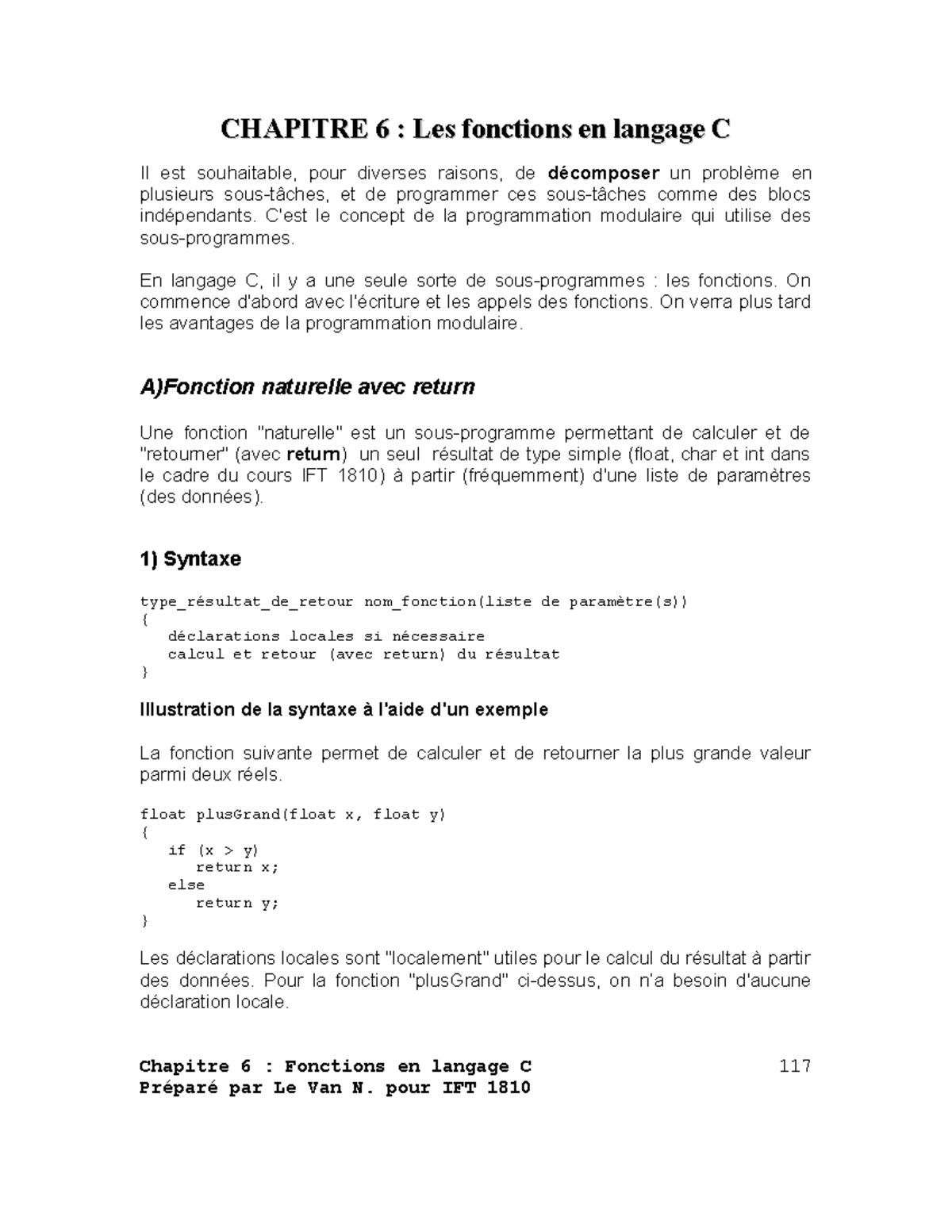 Chapitre 6 - Notes de cours 1 - CHAPITRE 6 : Les fonctions en langage ...