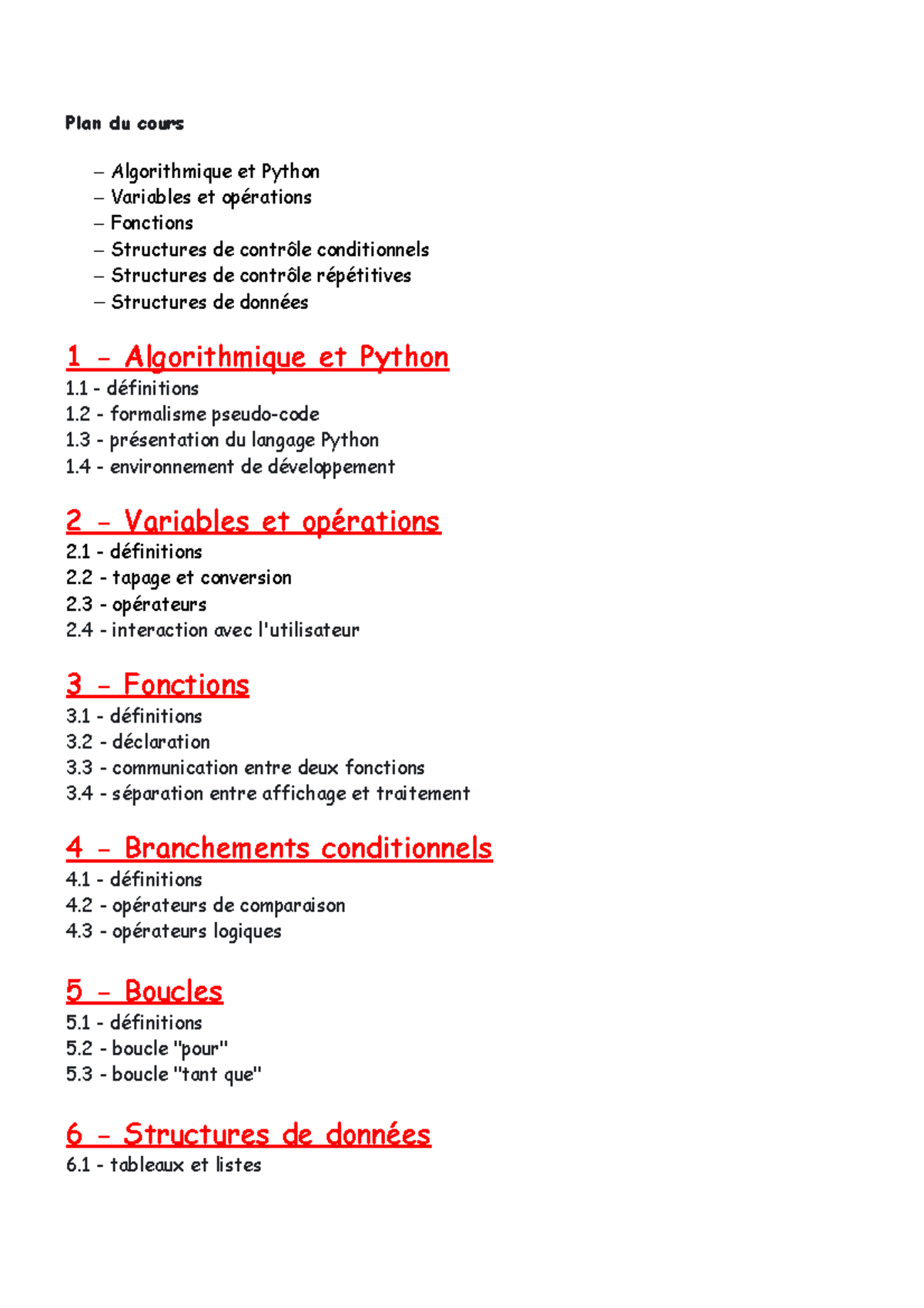 Cours algorithmique et python 1 - Plan du cours Algorithmique et Python Variables et opérations ...