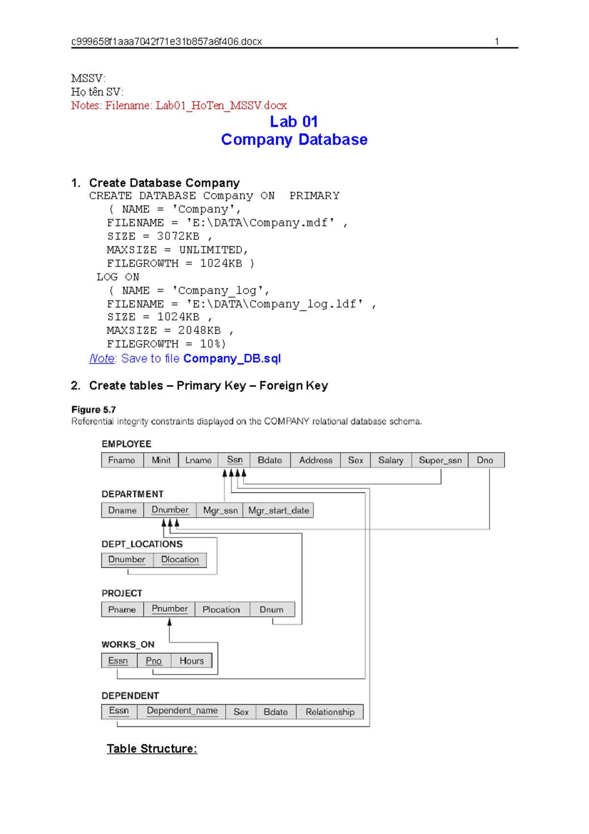 Lab1CSDL - Lab đầu tiên của môn học - MSSV: Họ tên SV: Notes: Filename ...