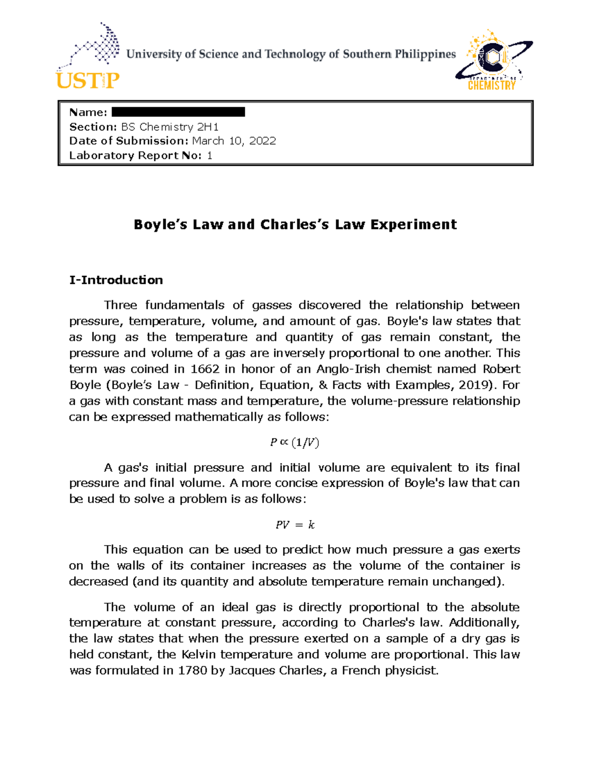 Boyle's Law and Charles's Law Lab Report - Name: KAYE SHANILI W. WASIL ...