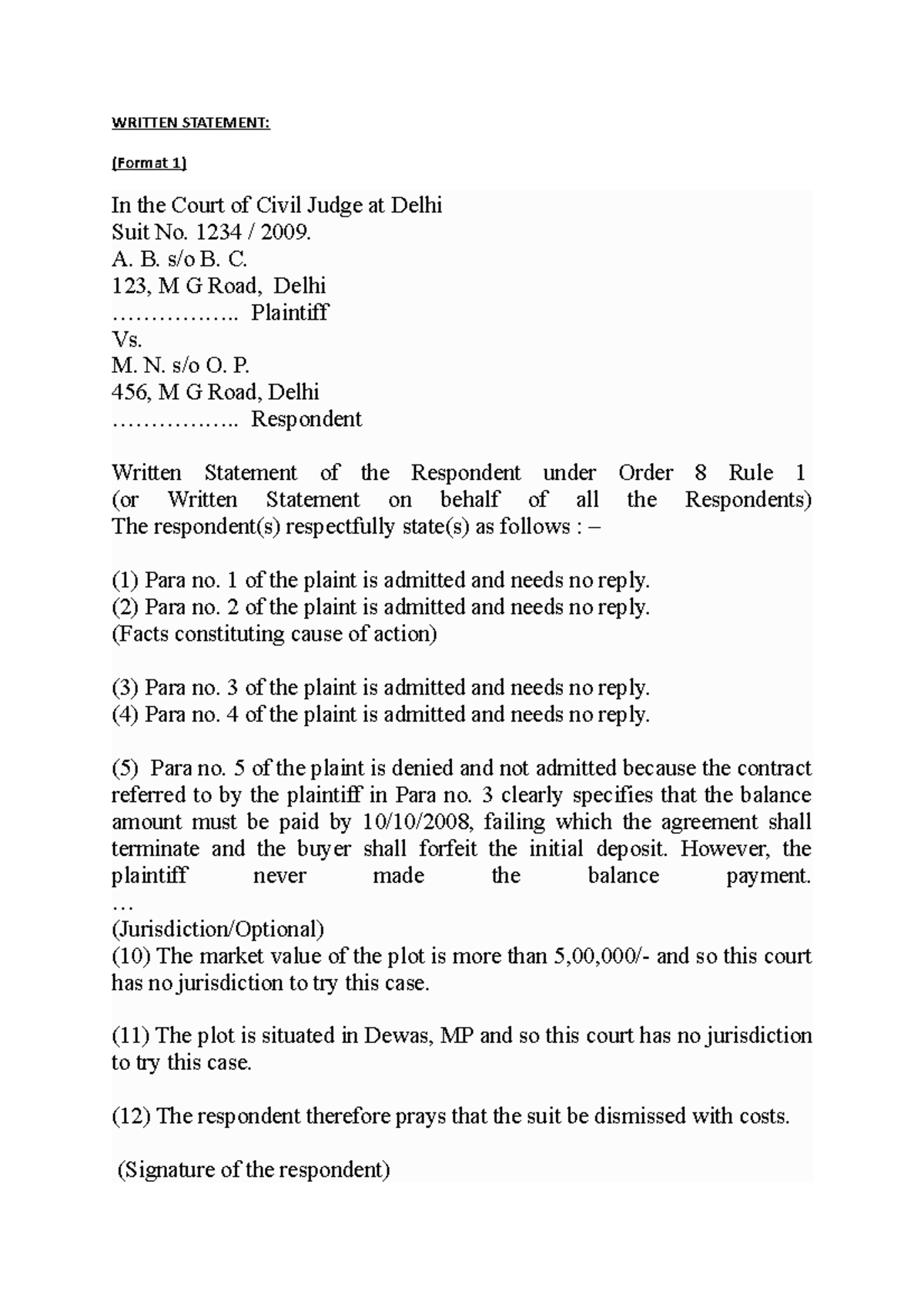 Written Statement And Execution Petition WRITTEN STATEMENT Format 1