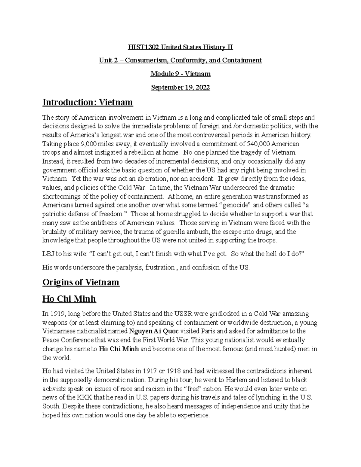 HIST1302 Unit 2 Module 9 Vietnam - HIST1302 United States History II ...