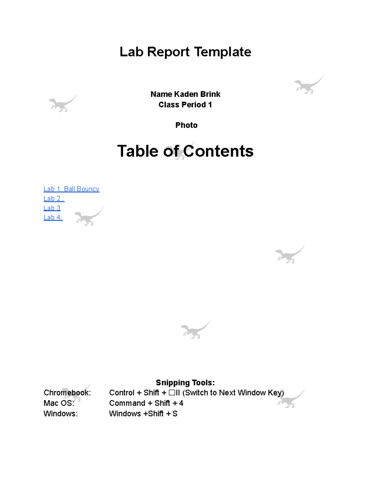 Lab Report Template - Lab Report Template Name Kaden Brink Class Period ...