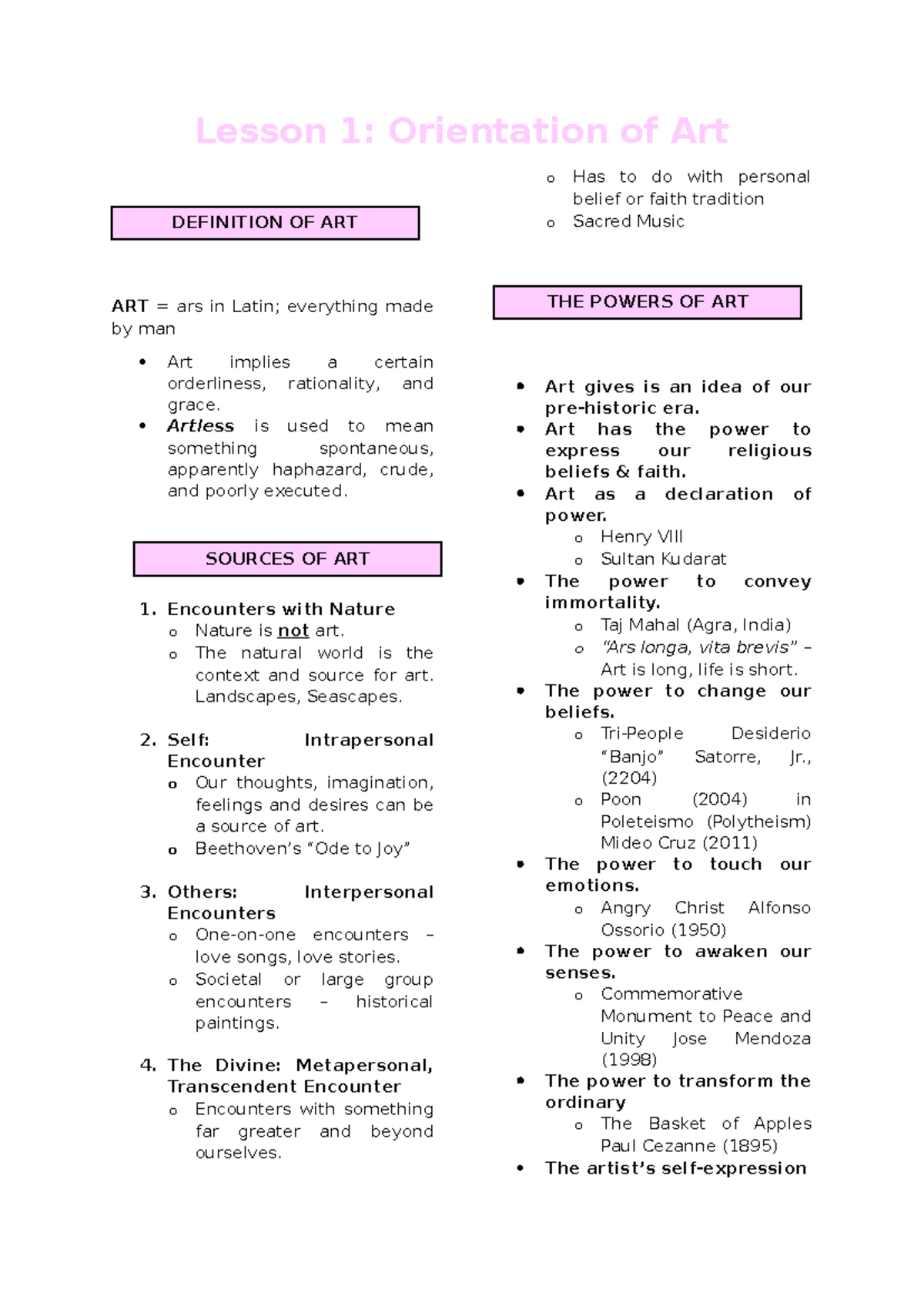 Lesson 1 - Orientation To Art - Lesson 1: Orientation of Art ART = ars ...