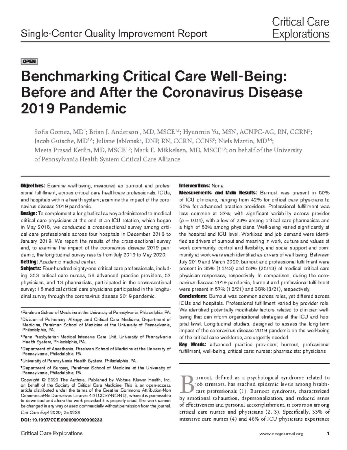 Benchmarking Critical Care Well Being Before and - Critical Care ...