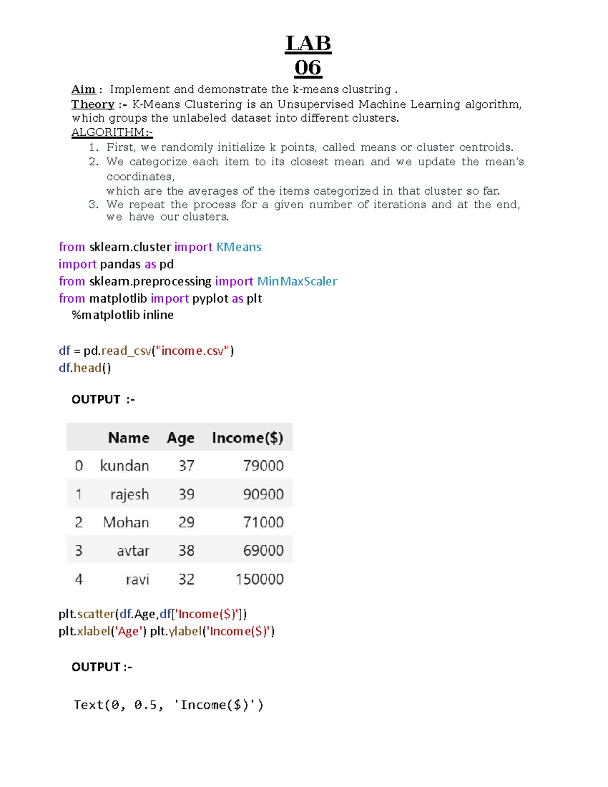 Lab 6 - nice - LAB 06 Aim : Implement and demonstrate the k-means ...