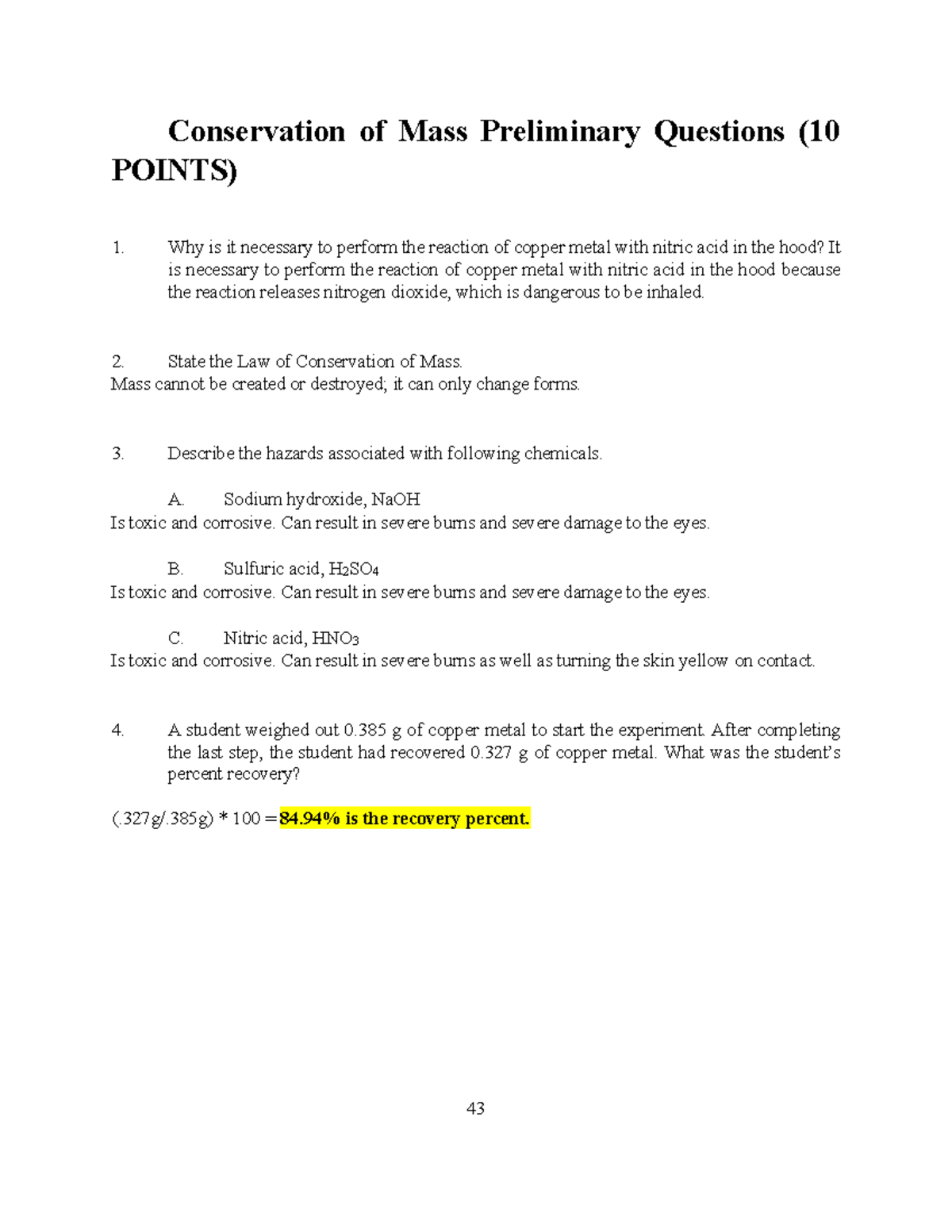 Conservation OF MASS PRE LAB - 43 Conservation of Mass Preliminary ...