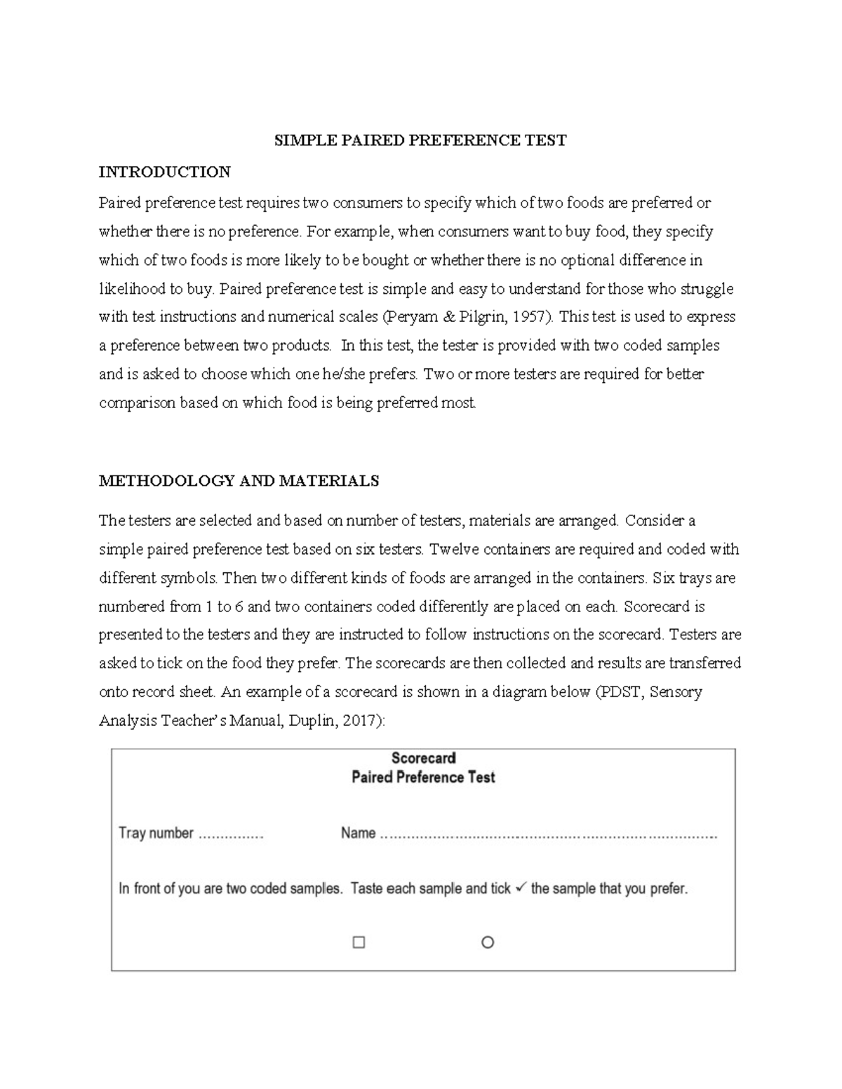 Simple Paired Preference TEST - SIMPLE PAIRED PREFERENCE TEST ...
