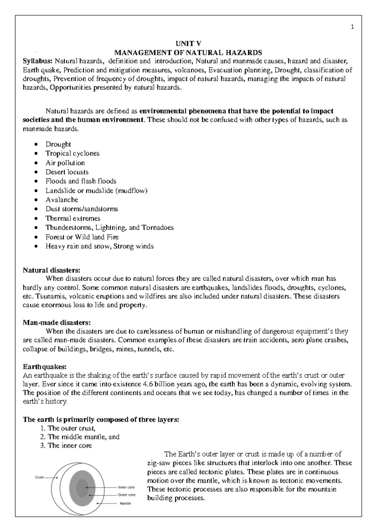 EM UNIT 5 Notes - UNIT V MANAGEMENT OF NATURAL HAZARDS Syllabus ...