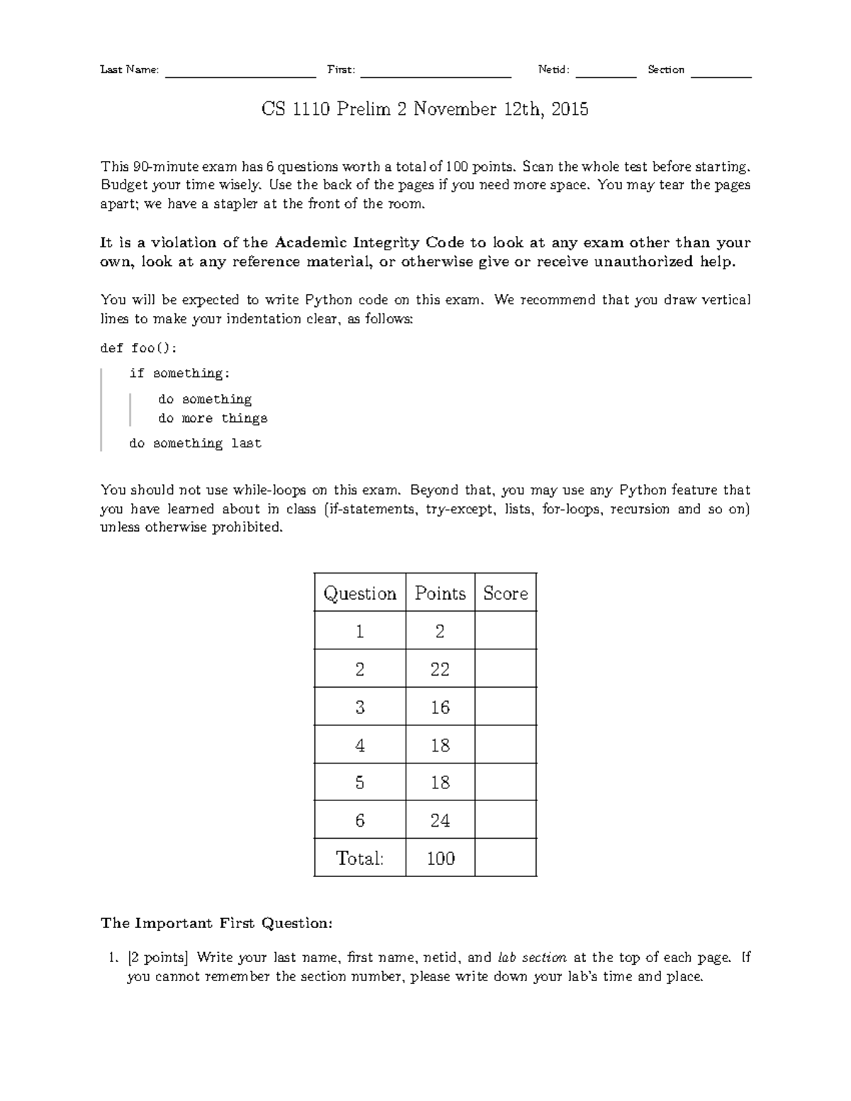 2015-fall-prelim 2 - Past Prelim 2 from CS 1110 taught by Professor ...