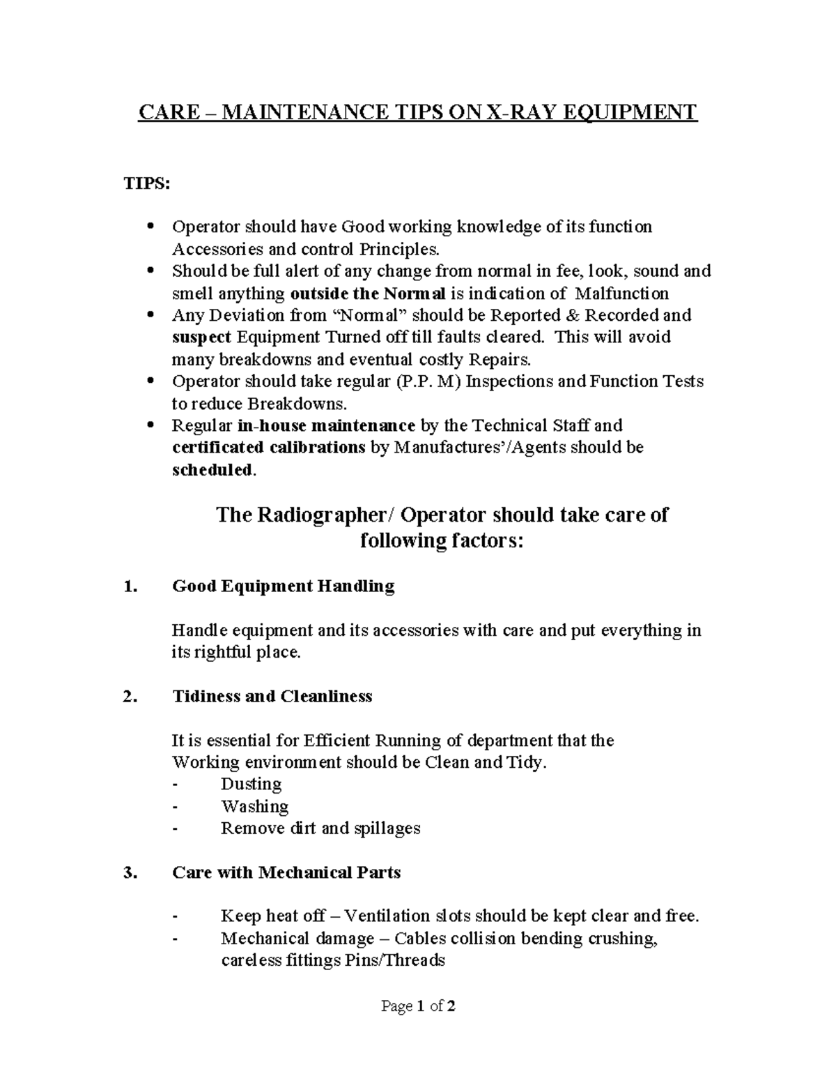Sess7 -Maitenance Tips on X-Ray Equip -Sep - CARE – MAINTENANCE TIPS ON ...
