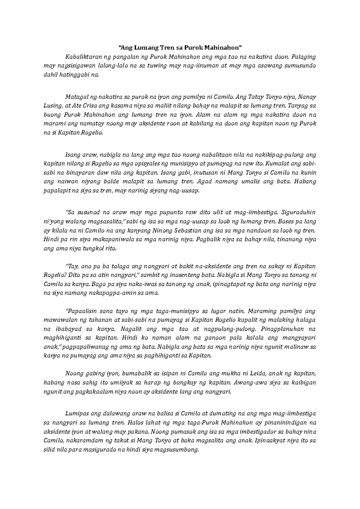 Ang Lumang Tren sa Purok Mahinahon - “Ang Lumang Tren sa Purok ...