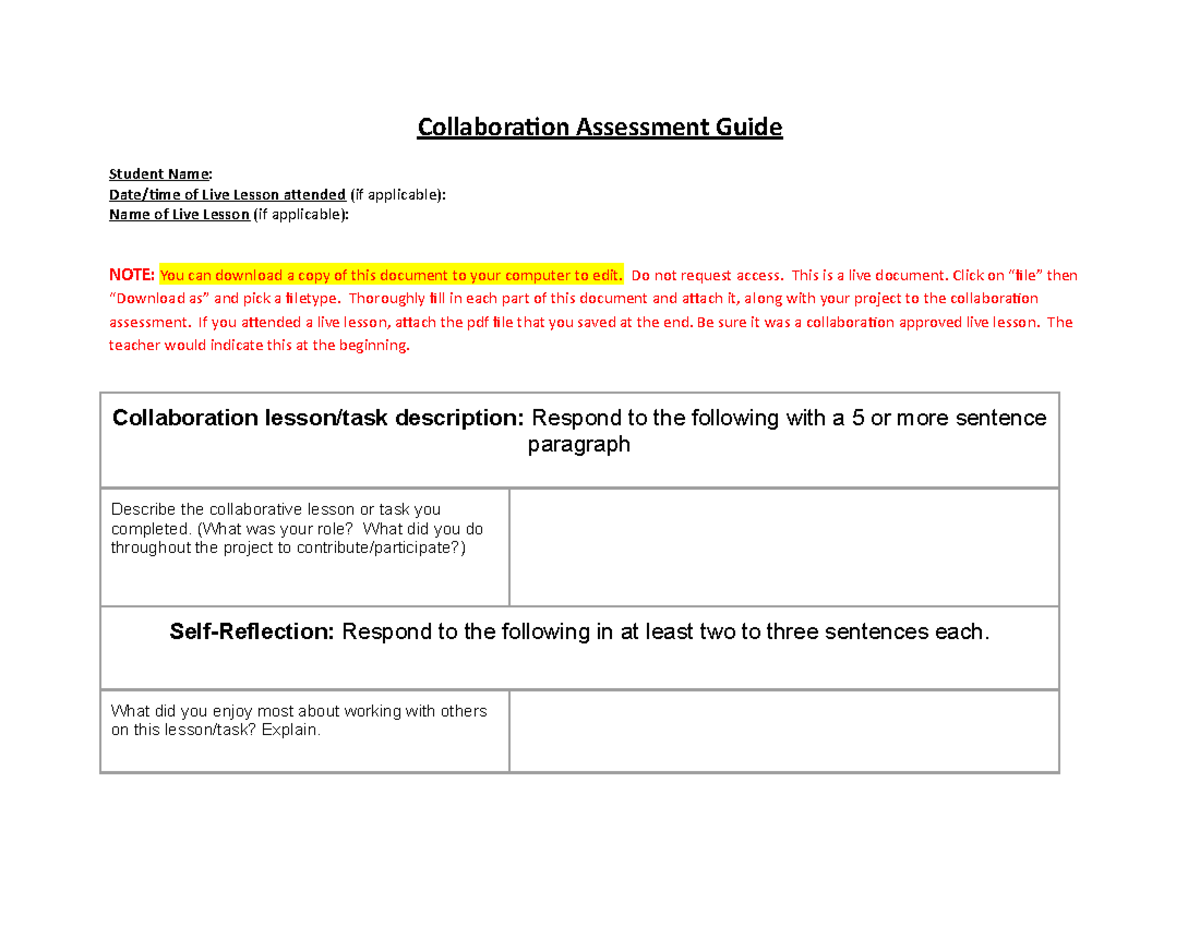Collaboration Assessment Guide - Collaboration Assessment Guide Student ...