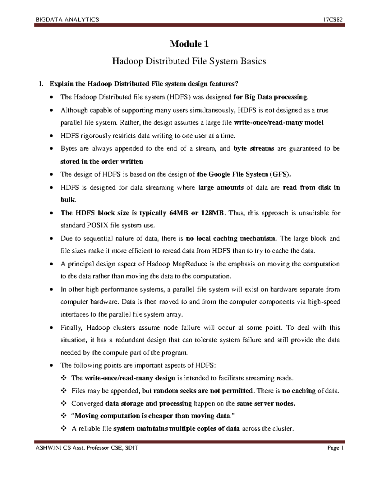 Big Data Module 1 Notes - Module 1 Hadoop Distributed File System ...