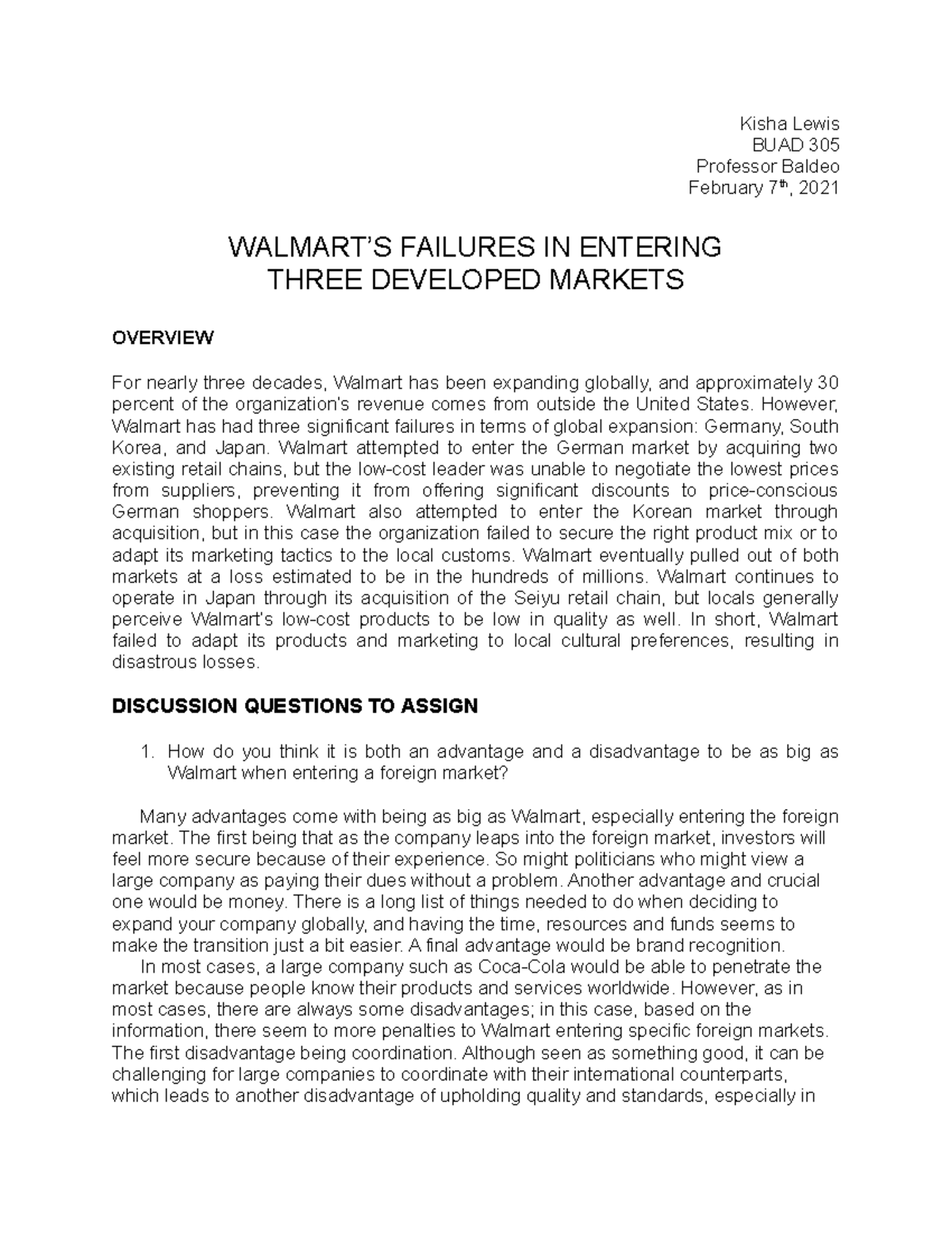 Case Study 2 - Walmart ( Final) - Kisha Lewis BUAD 305 Professor Baldeo ...
