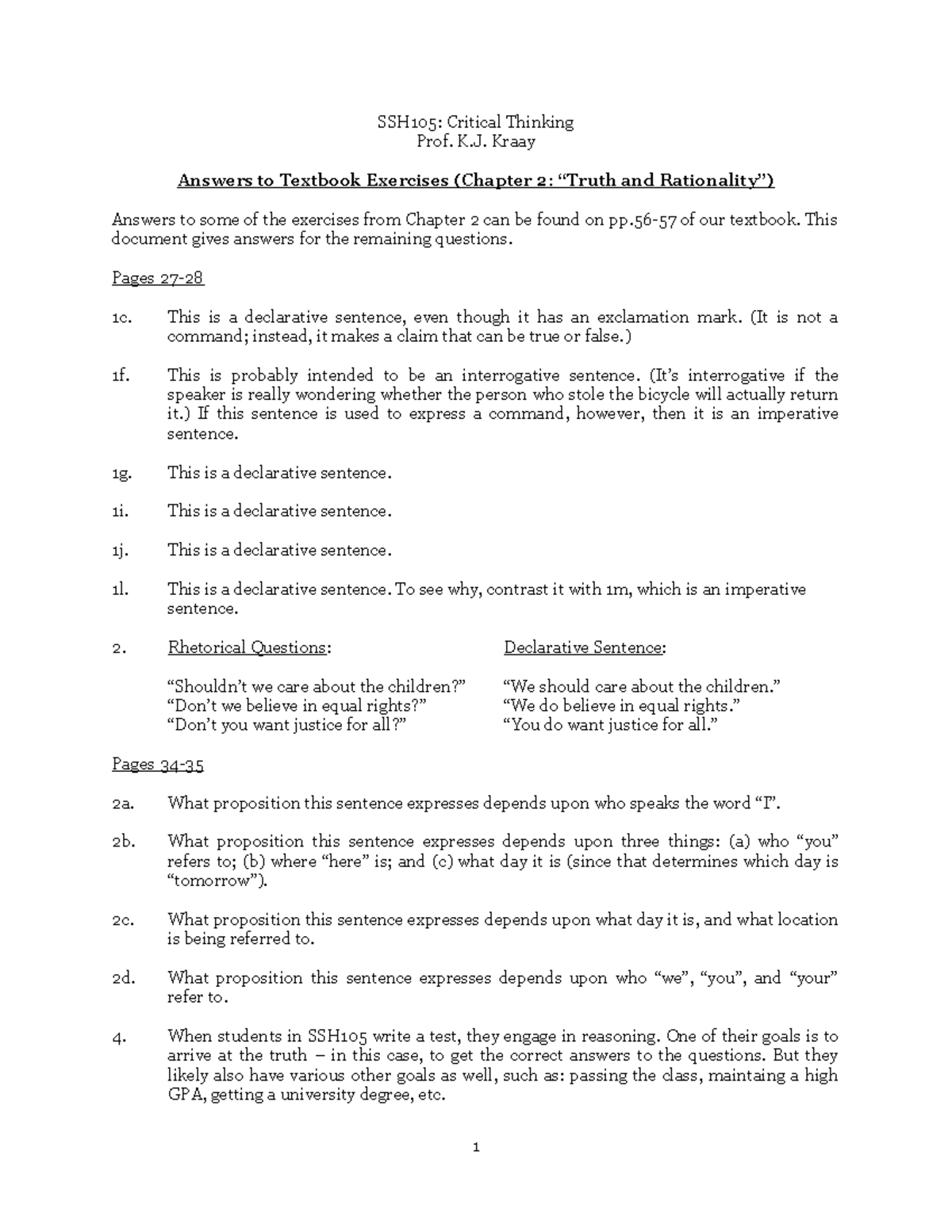 Chapter 2 Exercise Solutions - SSH105: Critical Thinking Prof. K. Kraay ...