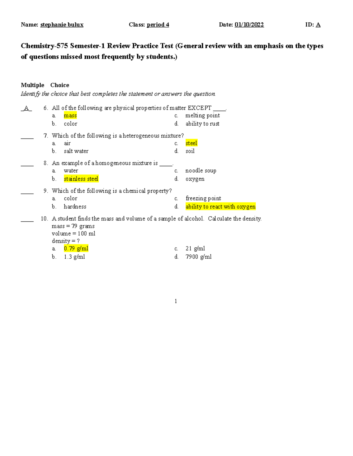 Fall sem 2021-practice test-semester 1-pdf - Name: stephanie bulux ...