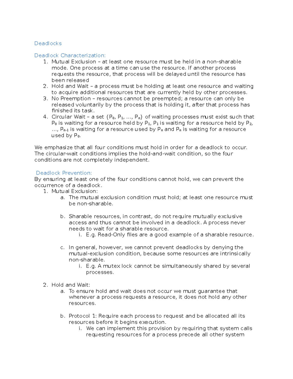 Final Exam Notes - Deadlocks Deadlock Characterization: 1. Mutual ...