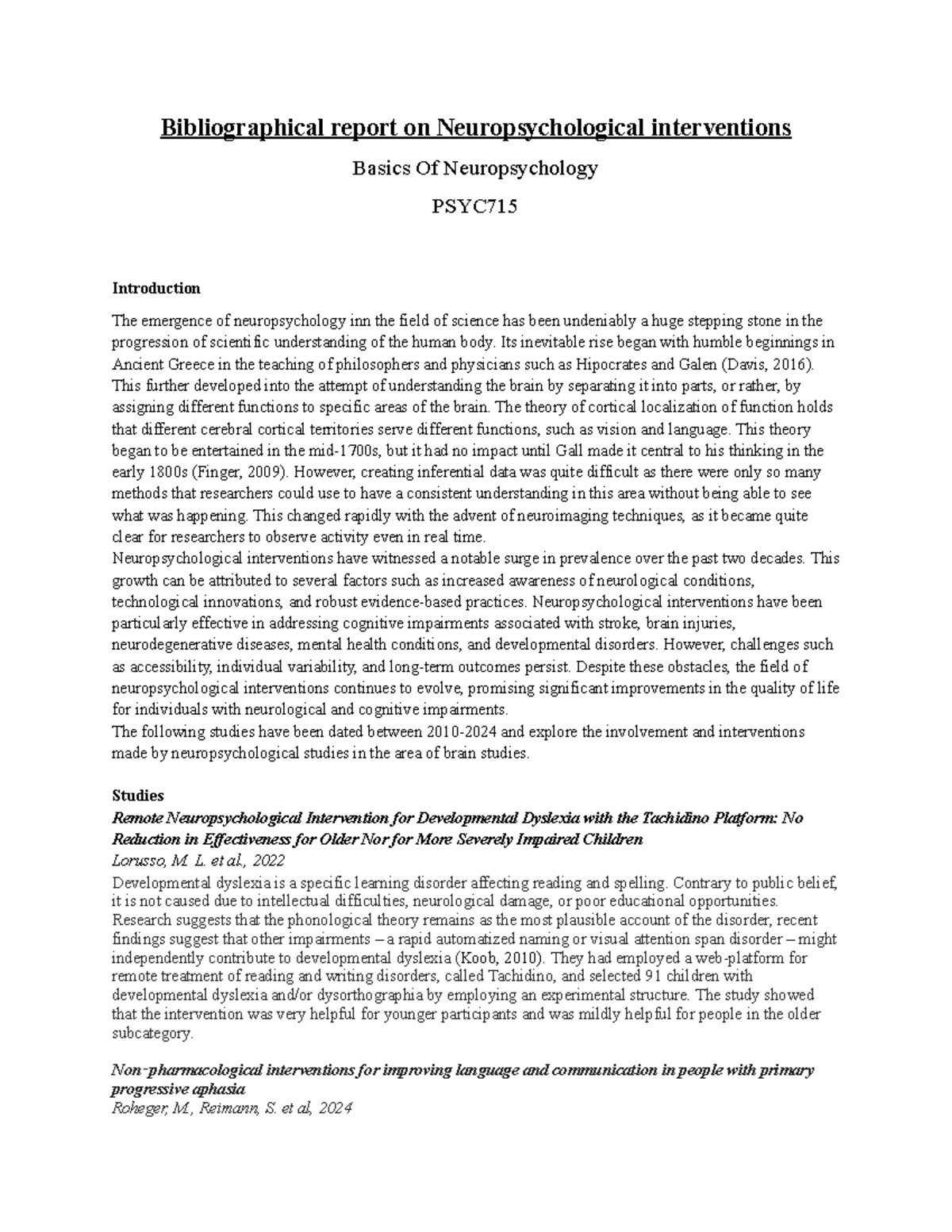 Bibliographical report on Neuropsychological interventions - Its ...