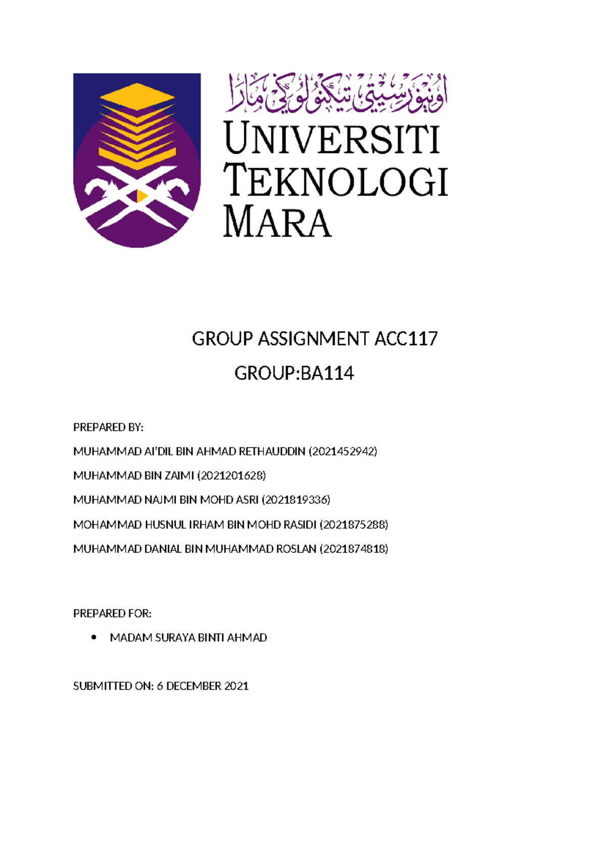 Assigment ACC117 latest 1 (2) (2) - GROUP ASSIGNMENT ACC GROUP:BA ...