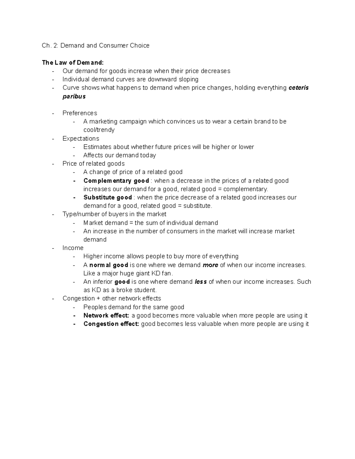Ch2 - Notes - Ch. 2: Demand and Consumer Choice The Law of Demand ...