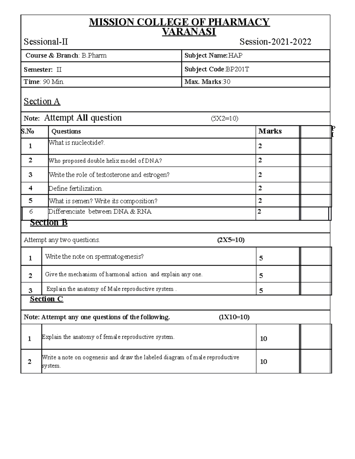 2nd Sessional HAP - MISSION COLLEGE OF PHARMACY VARANASI Sessional-II Session-2021- Course ...