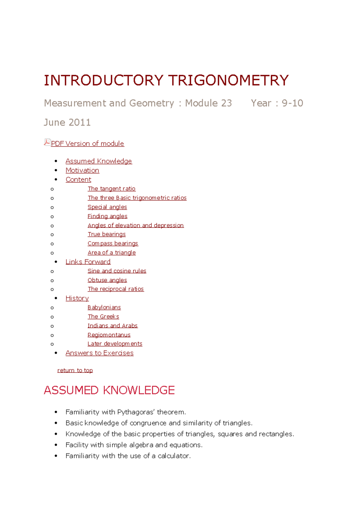 Introductory Trigonometry - INTRODUCTORY TRIGONOMETRY Measurement and Geometry : Module 23 Year ...
