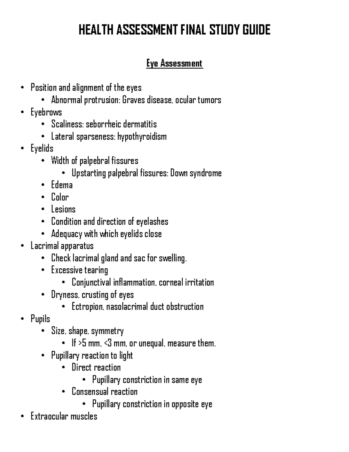 Complete Health Assessment Final Study Guide - Eye Assessment Position ...