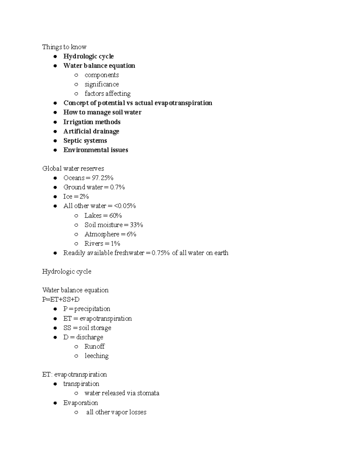 Hydrology - lecture notes - Things to know Hydrologic cycle Water ...
