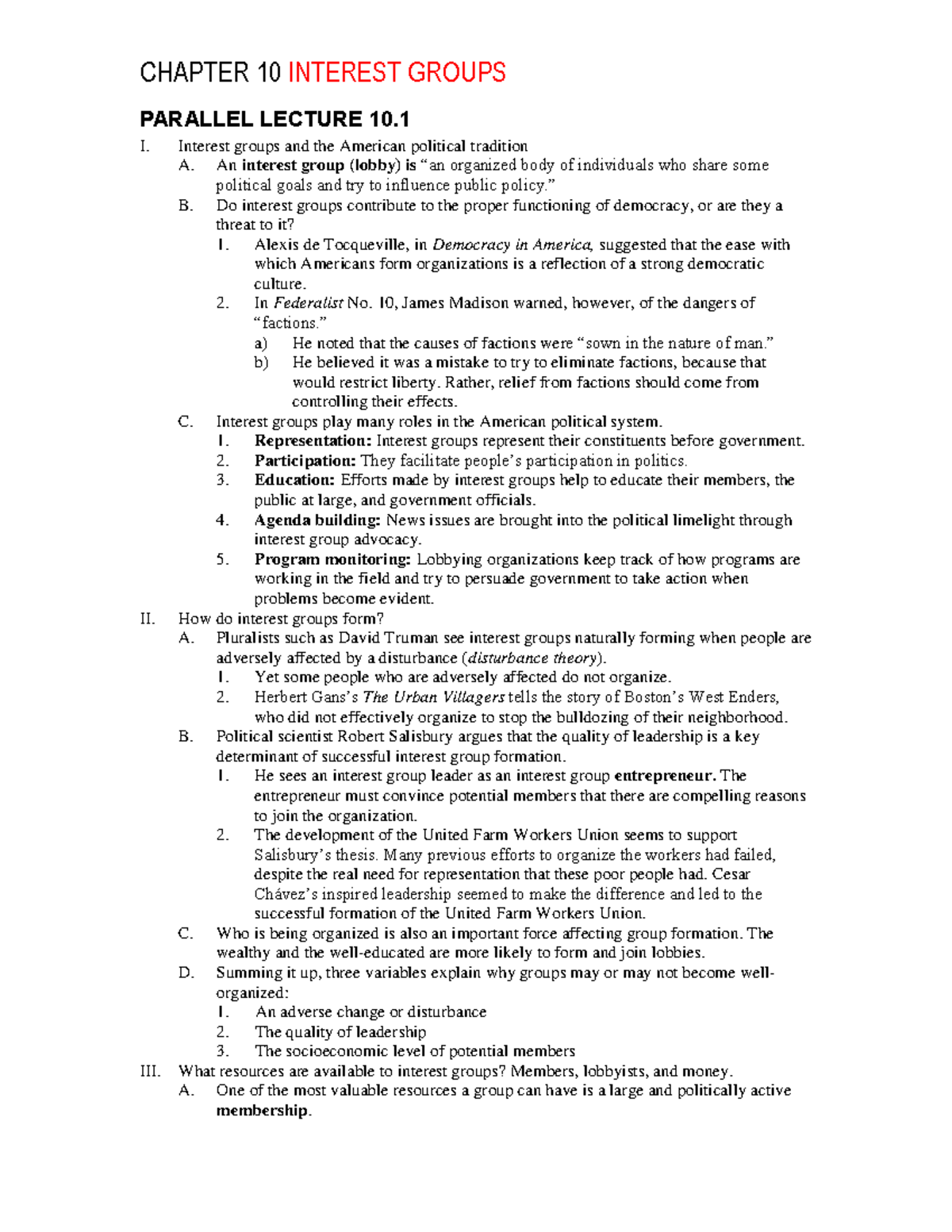 Ch10 Interests Groups - science politique - CHAPTER 10 INTEREST GROUPS PARALLEL LECTURE 10. I ...