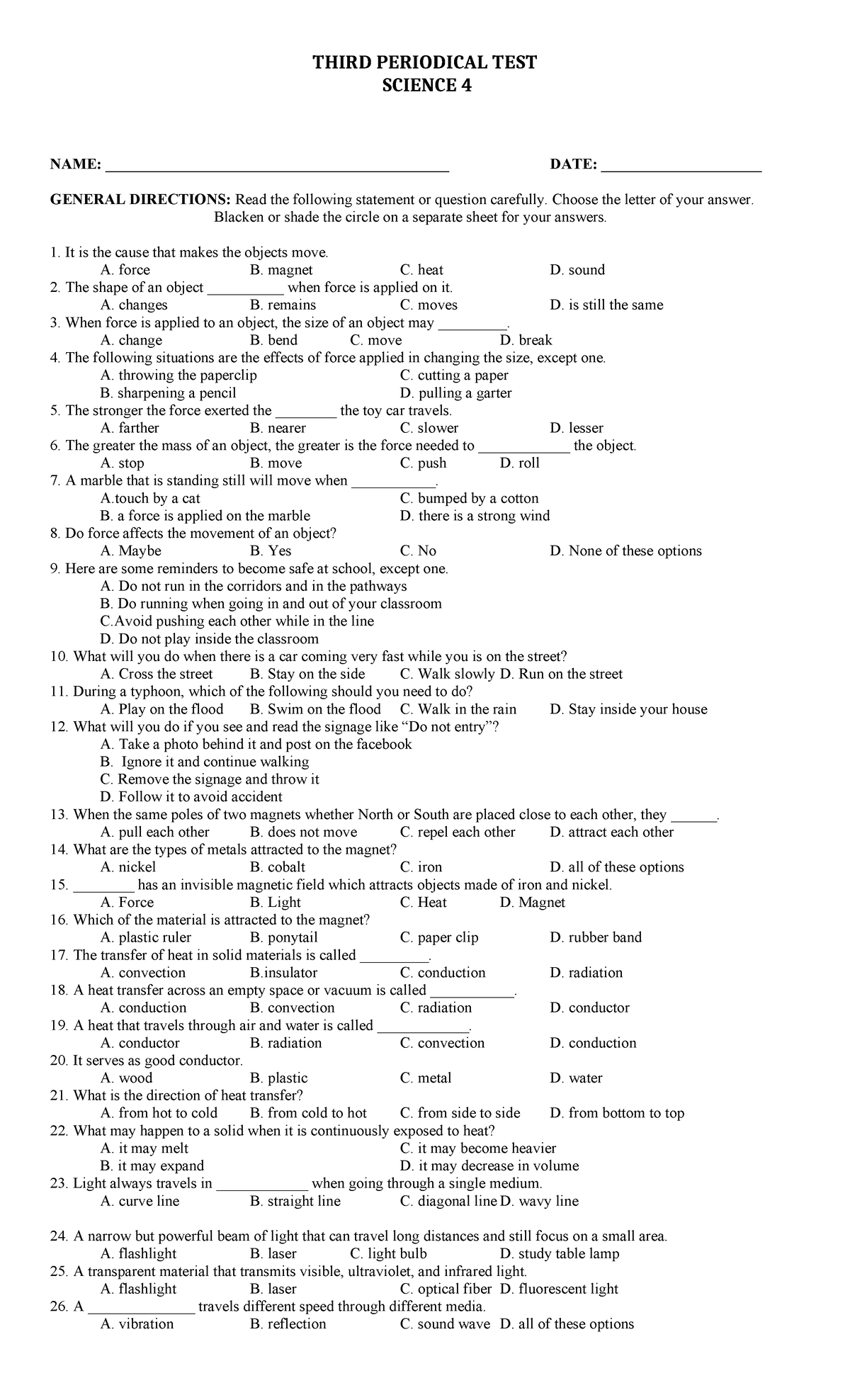 PT Science 4 Q3 - THIRD PERIODICAL TEST SCIENCE 4 NAME: - Studocu
